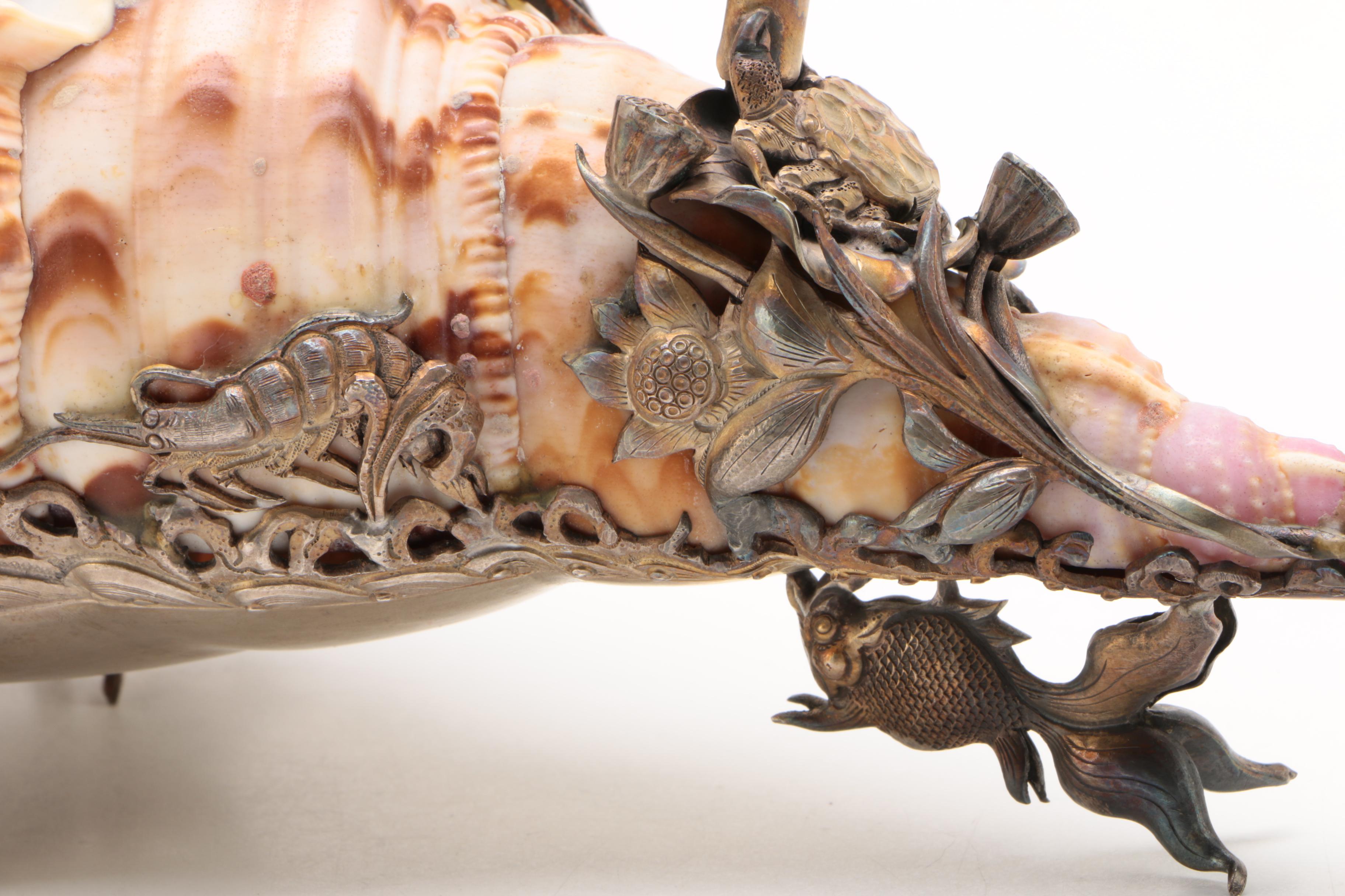 Conch Shell Inkwell with Silver Animal Motif Mount, Late Victorian | EBTH