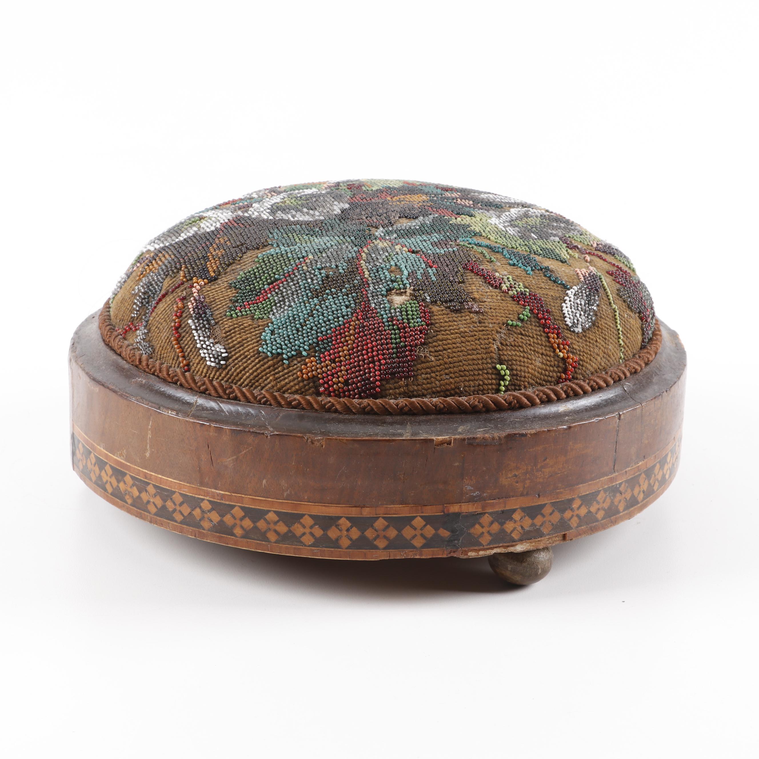 Early Victorian Tunbridge Style Floral Beaded Tuffet, Circa 1850 | EBTH