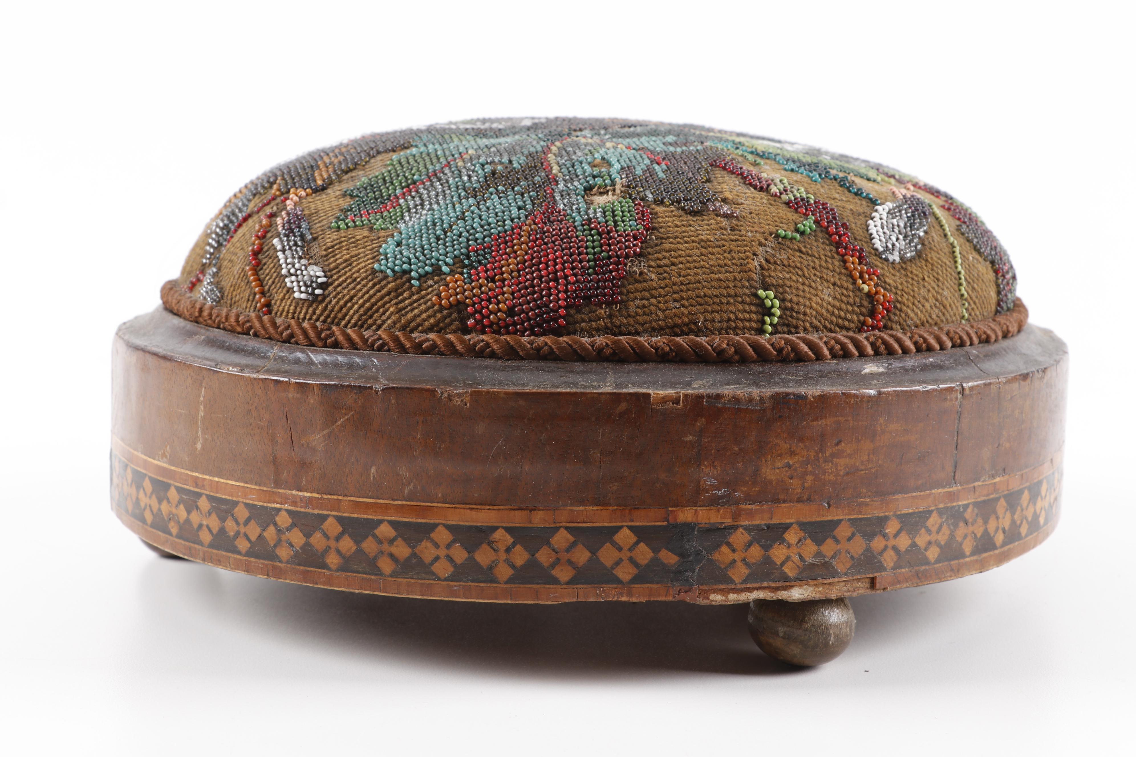 Early Victorian Tunbridge Style Floral Beaded Tuffet, Circa 1850 | EBTH