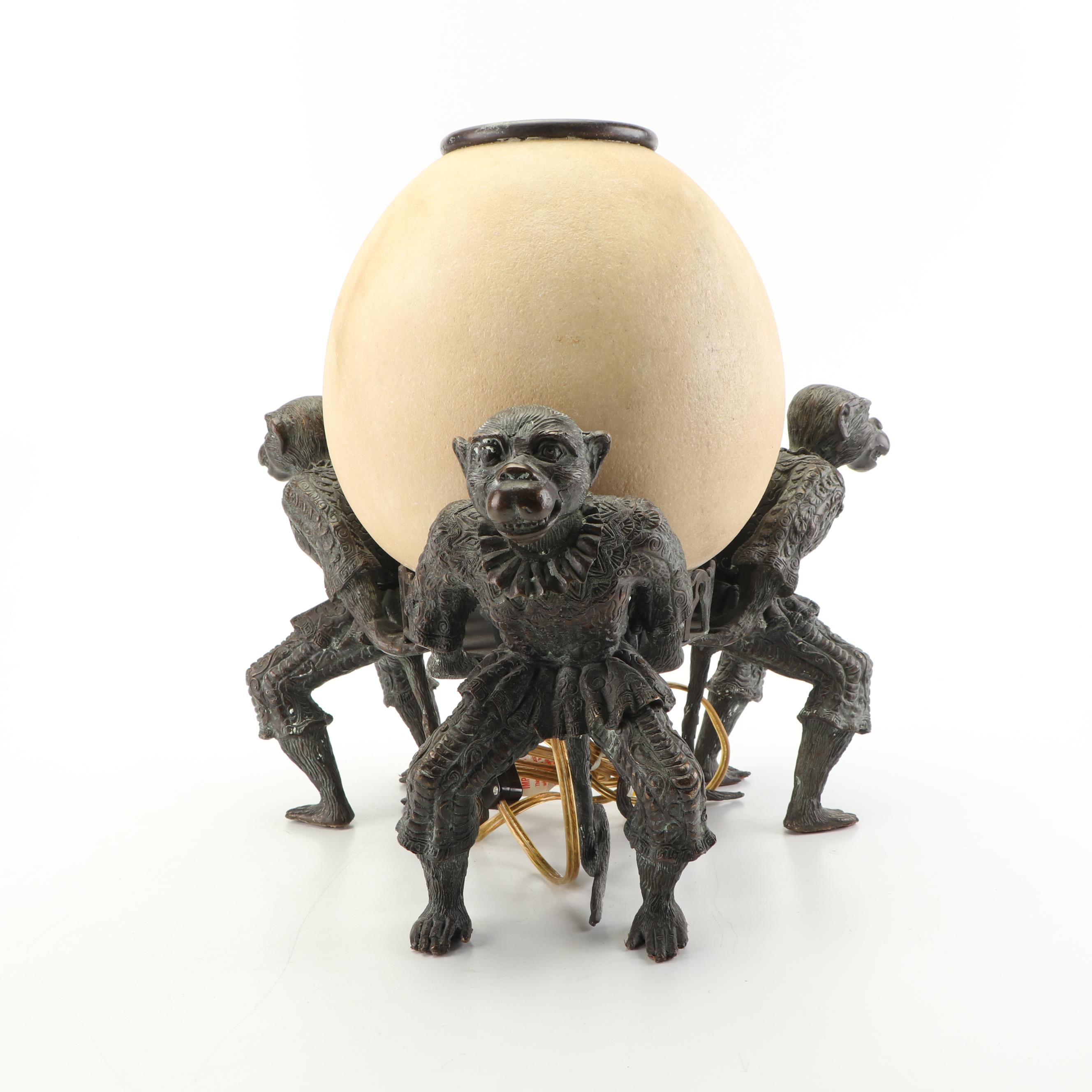 Cast Bronze Monkeys with Ceramic Globe Table Lamp | EBTH