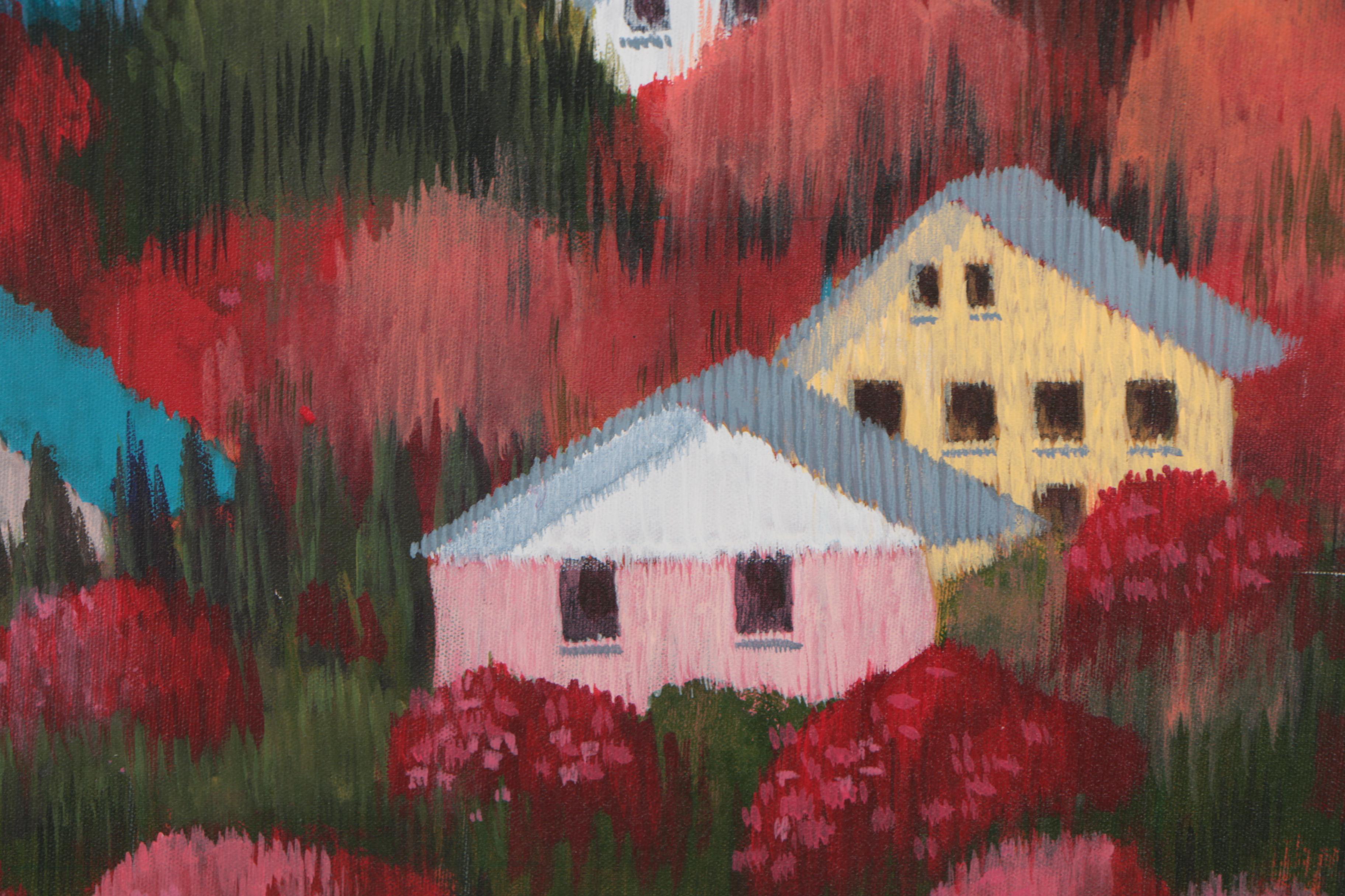 J.C. Hall Lineillist Acrylic Painting of Autumnal Townscape | EBTH