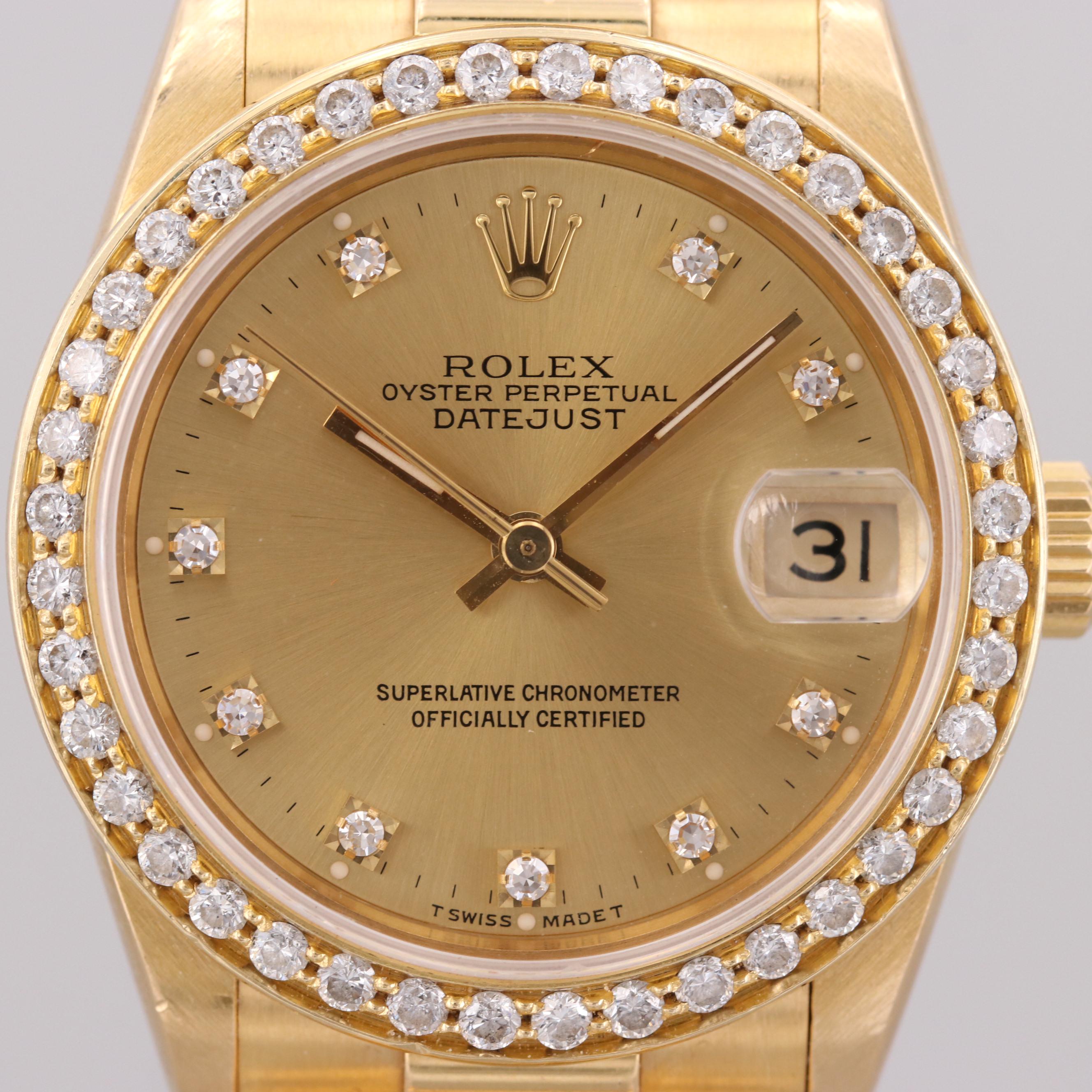 Rolex Datejust 18K Yellow Gold Wristwatch With 1.18 CTW Diamond Bezel ...
