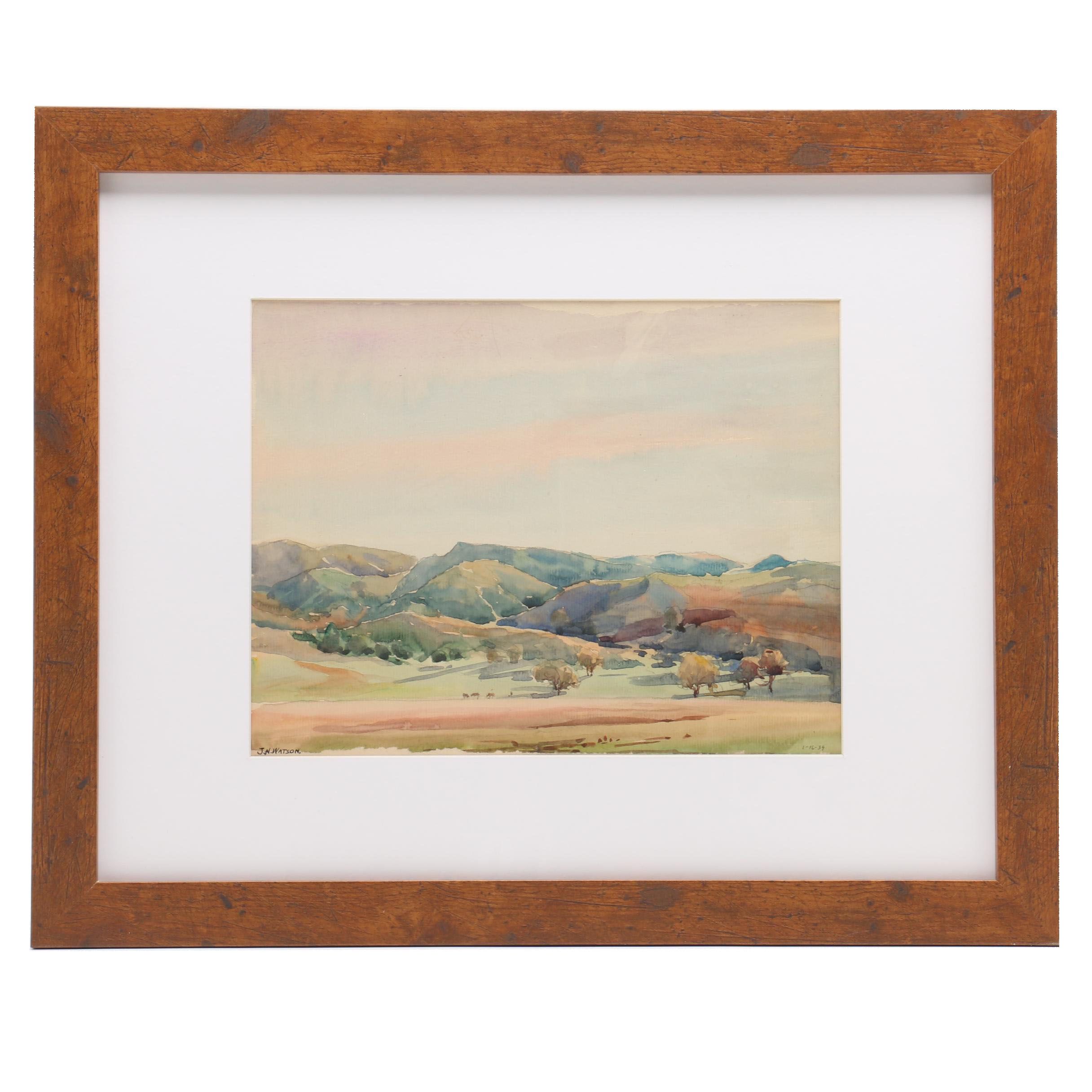Jessie Watson 1939 Watercolor Painting of Vast Landscape | EBTH