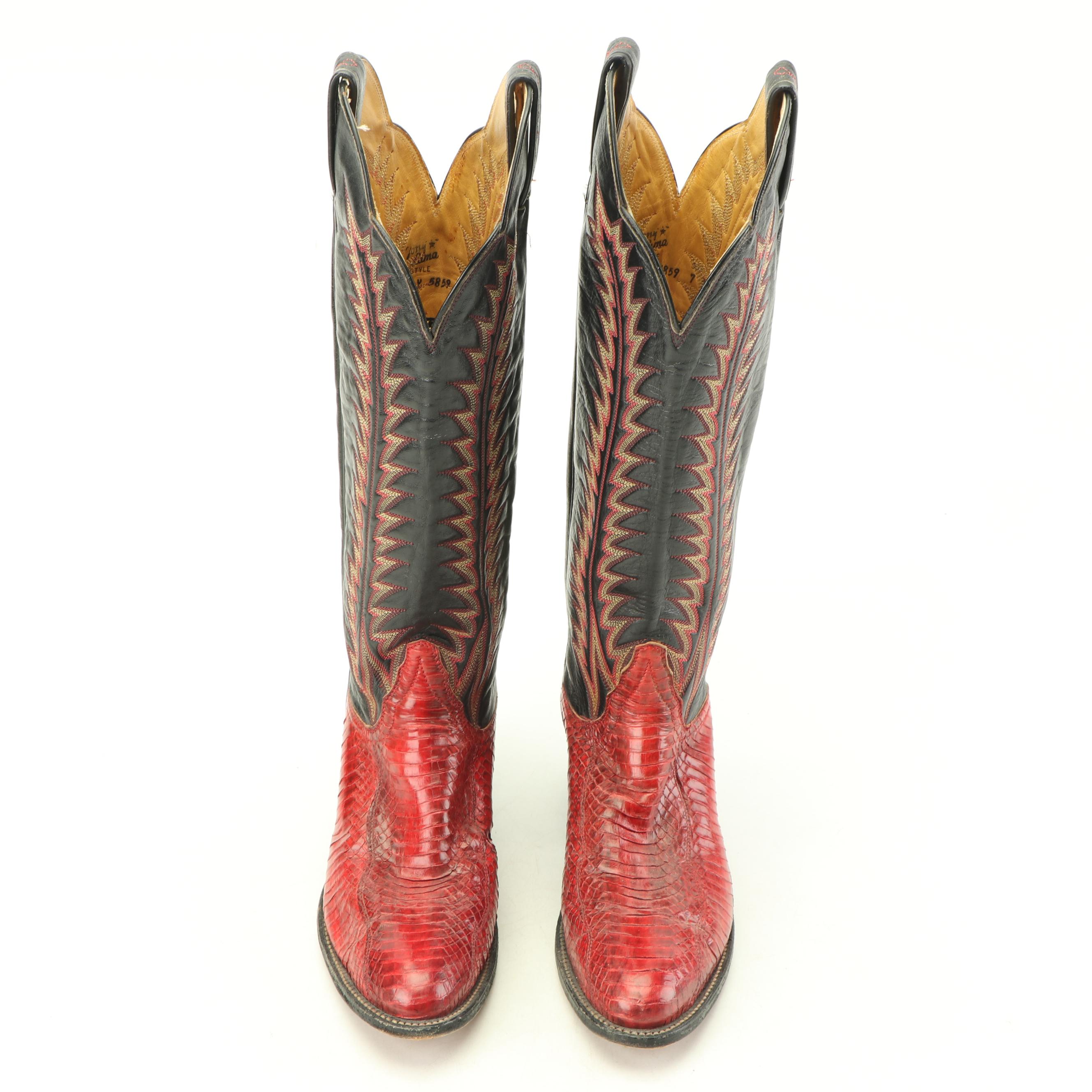 Women's Tony Lama Red Python Snakeskin and Black Leather Western Boots ...