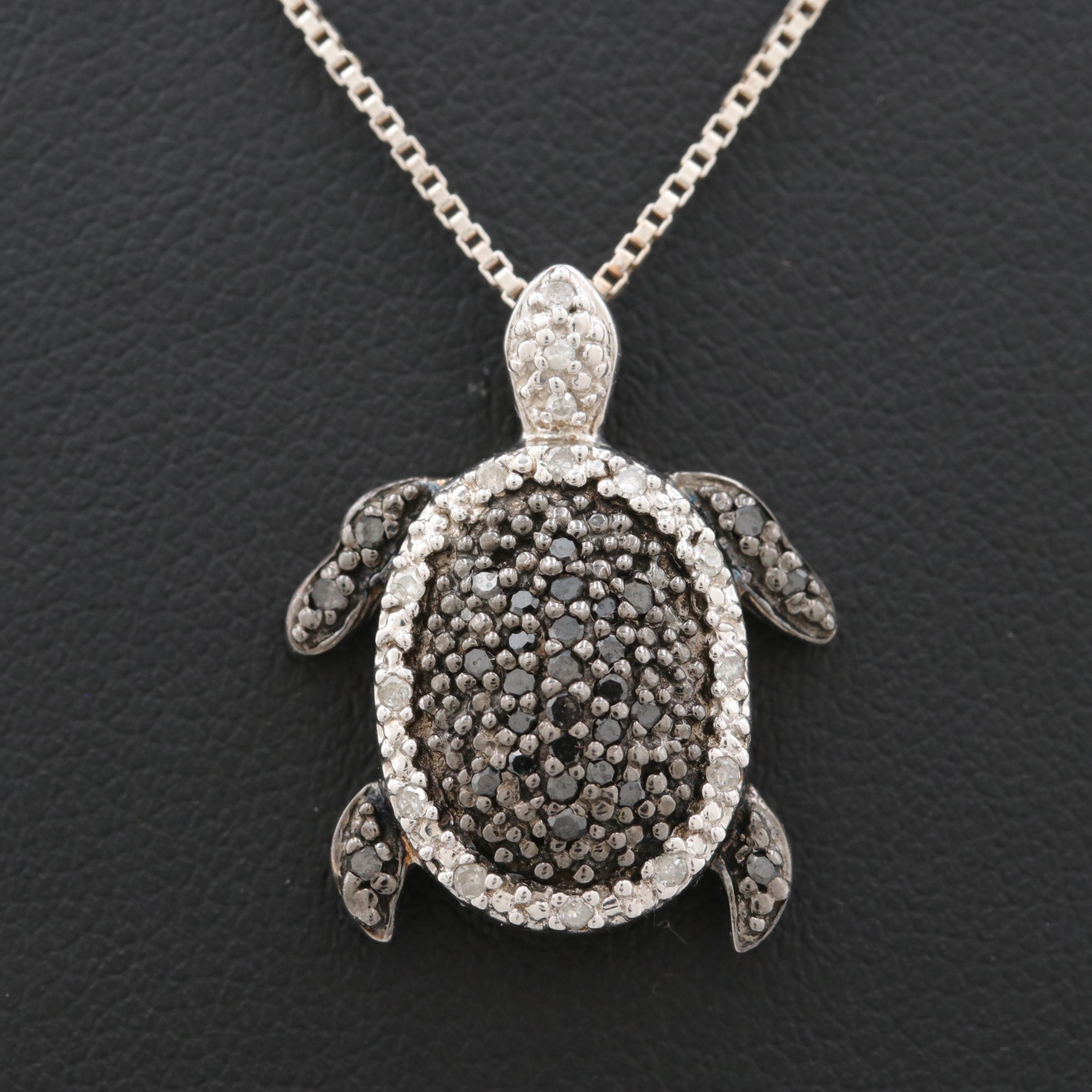 Sterling Silver Diamond and Black Diamond Turtle Pendant Necklace | EBTH