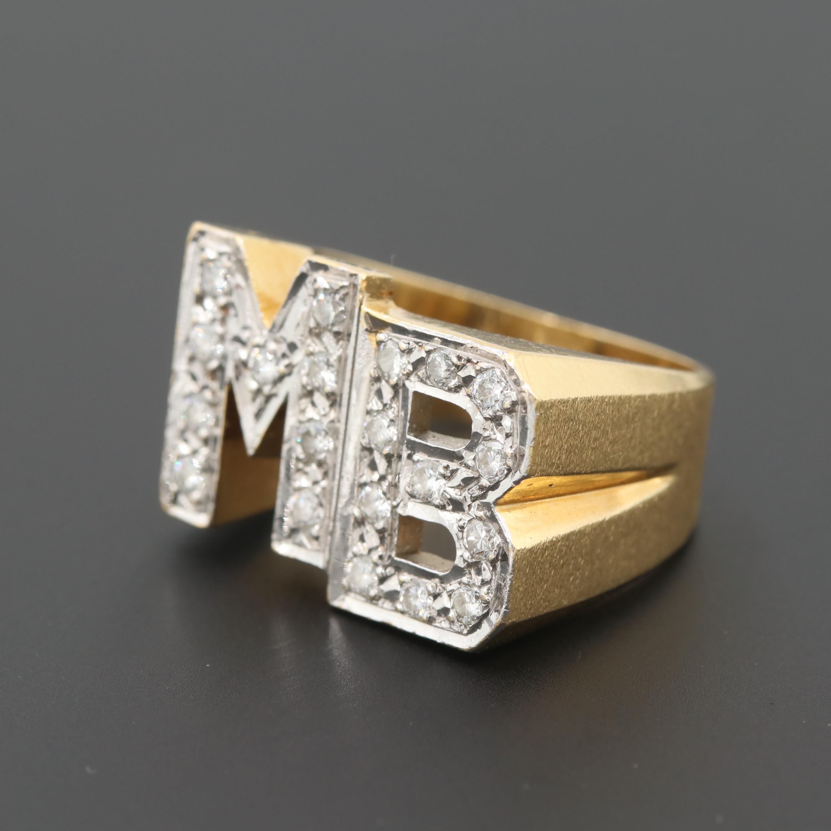18K Yellow Gold Diamond "MB" Ring | EBTH