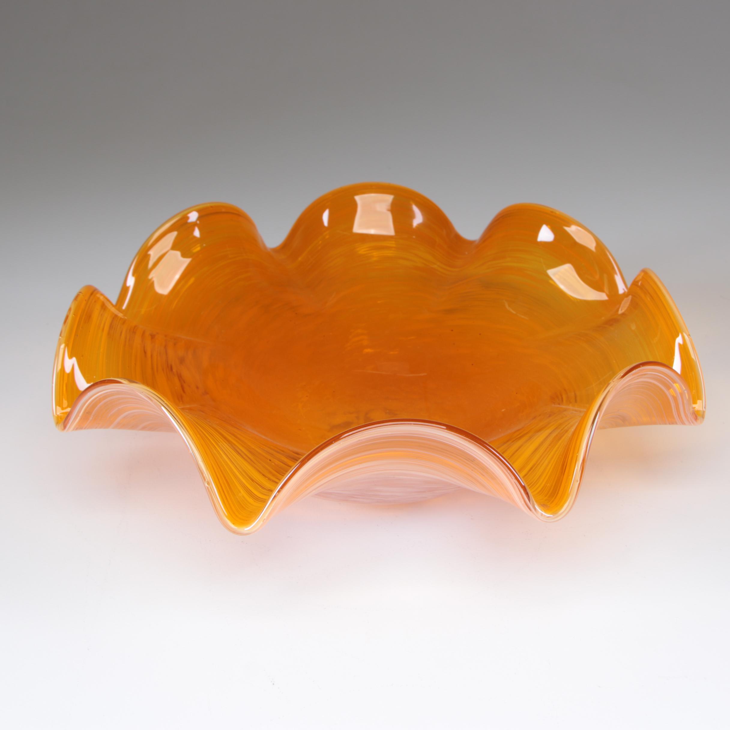 Tangerine Art Glass Flared Rim Centerpiece Bowl | EBTH