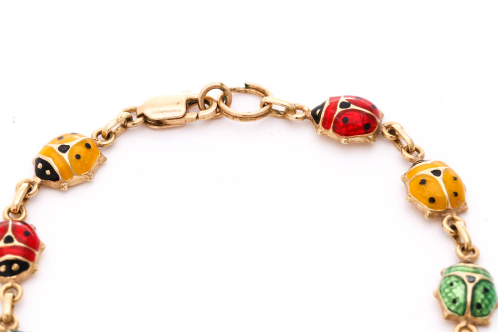14K Yellow Gold Enamel Lady Bug Bracelet | EBTH