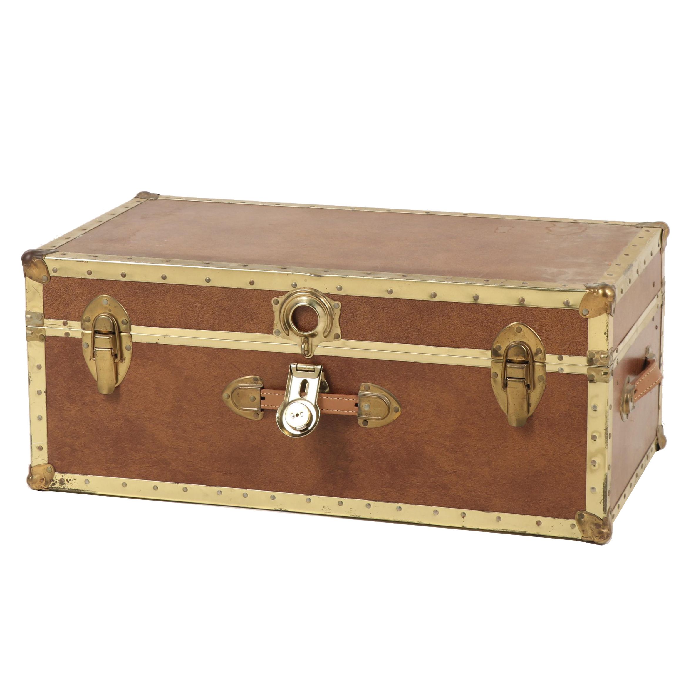 Vintage Metal Foot Locker with Leather | EBTH