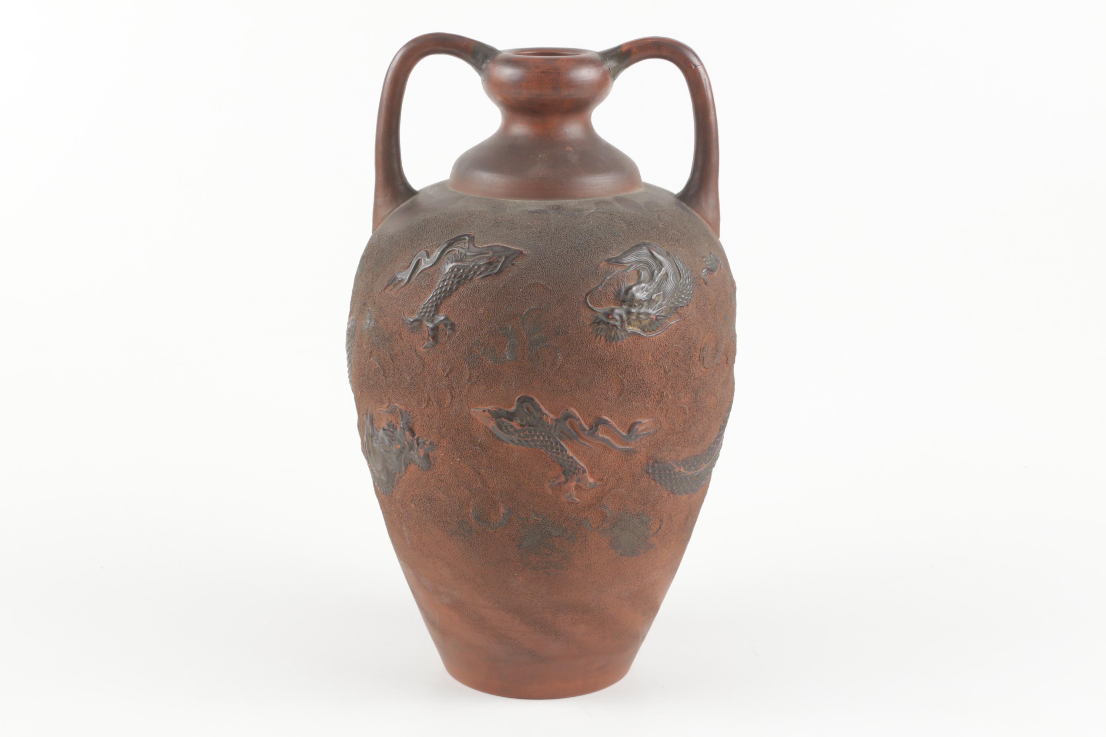 Japanese Tokoname Redware Dragon Motif Amphora, Meiji Period | EBTH