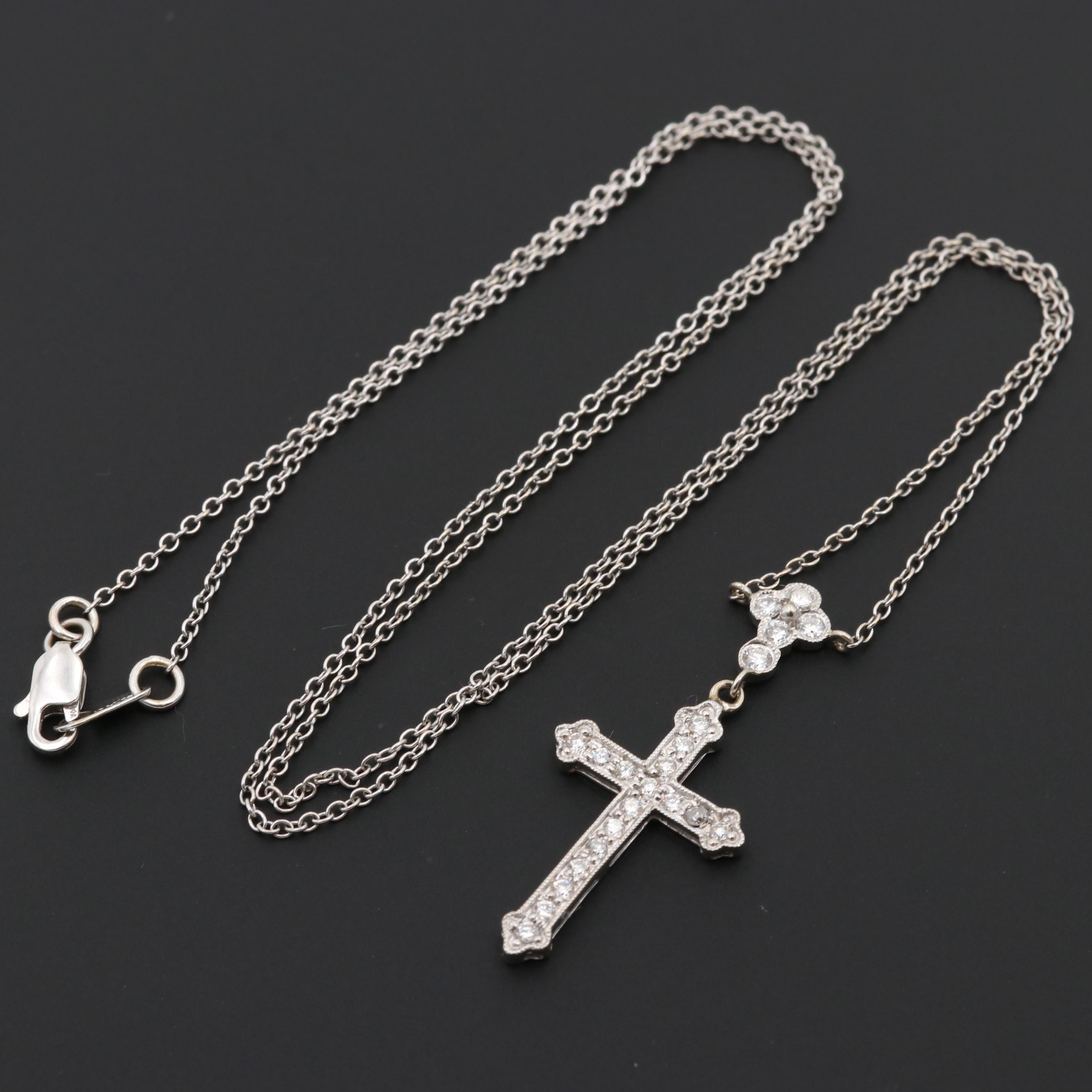 14K White Gold Diamond Apostles Cross Pendant Necklace | EBTH