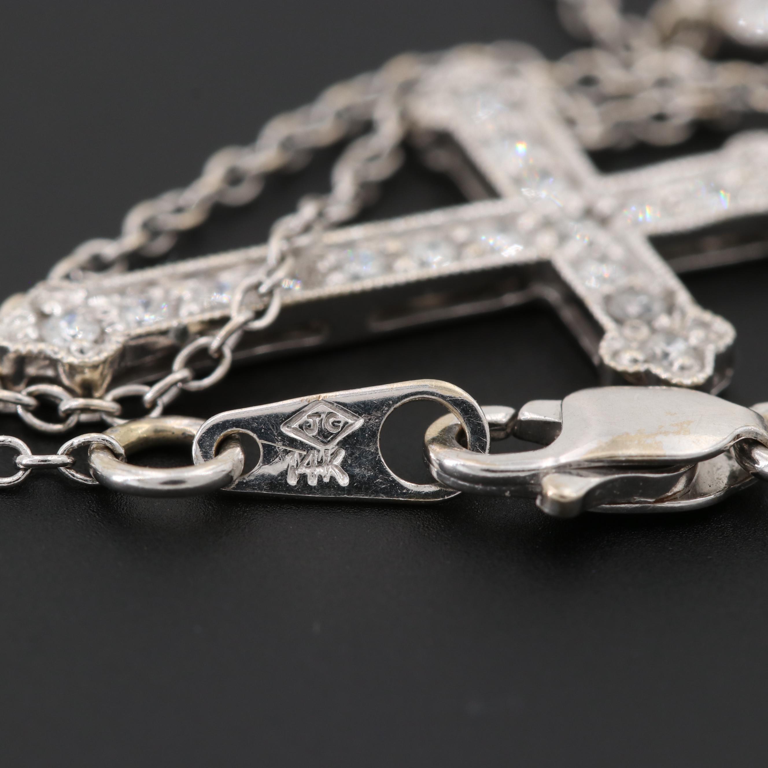 14K White Gold Diamond Apostles Cross Pendant Necklace | EBTH