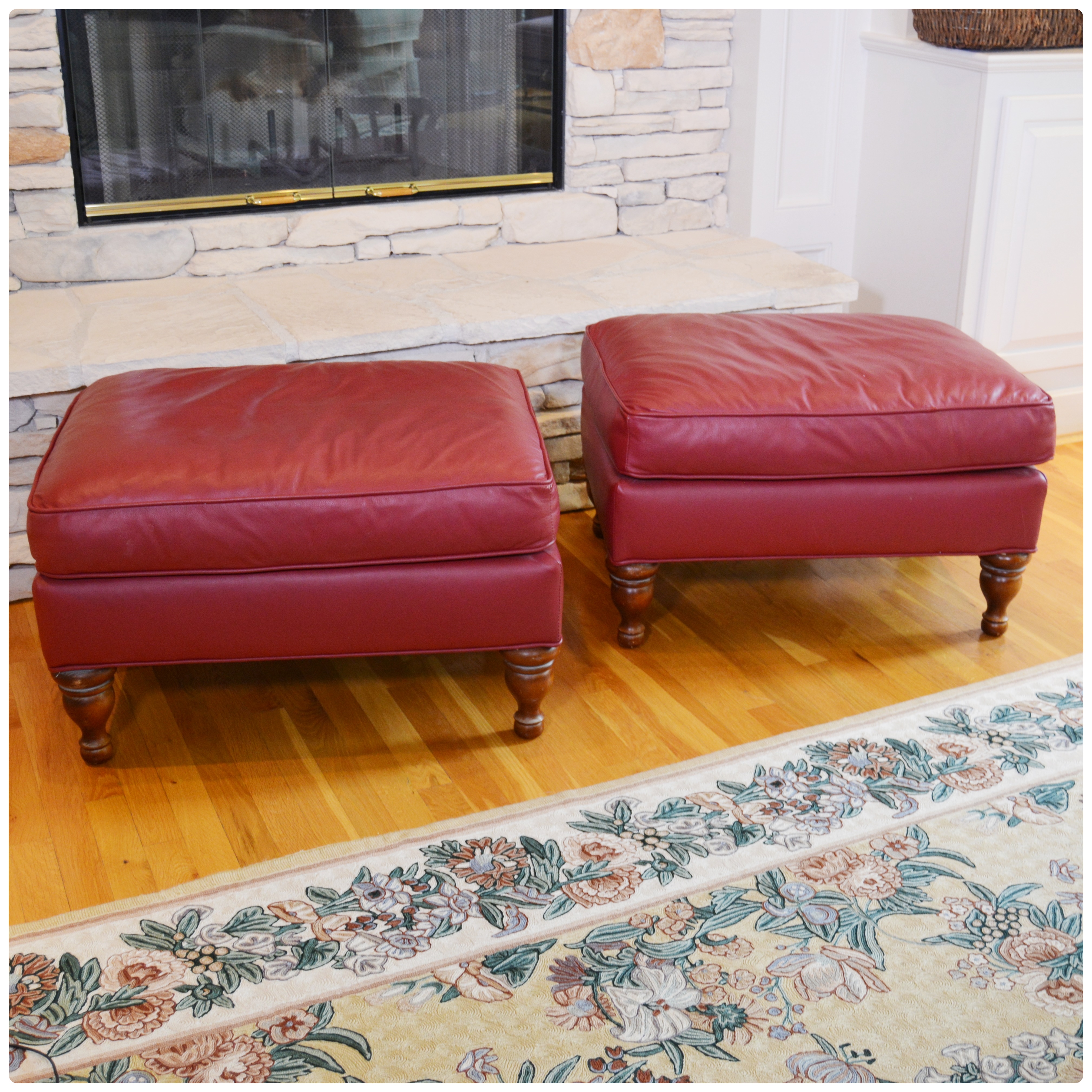 Pair of Red Leather Ottomans, Contemporary | EBTH