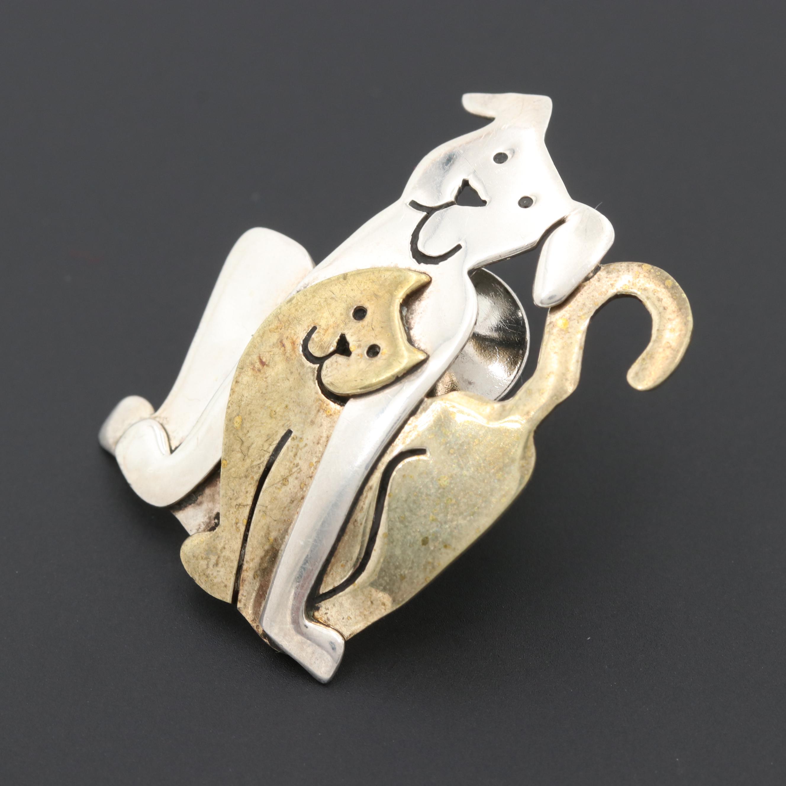 Far Fetched Sterling Silver Dog and Cat Lapel Pin with Gold Tone Accent ...