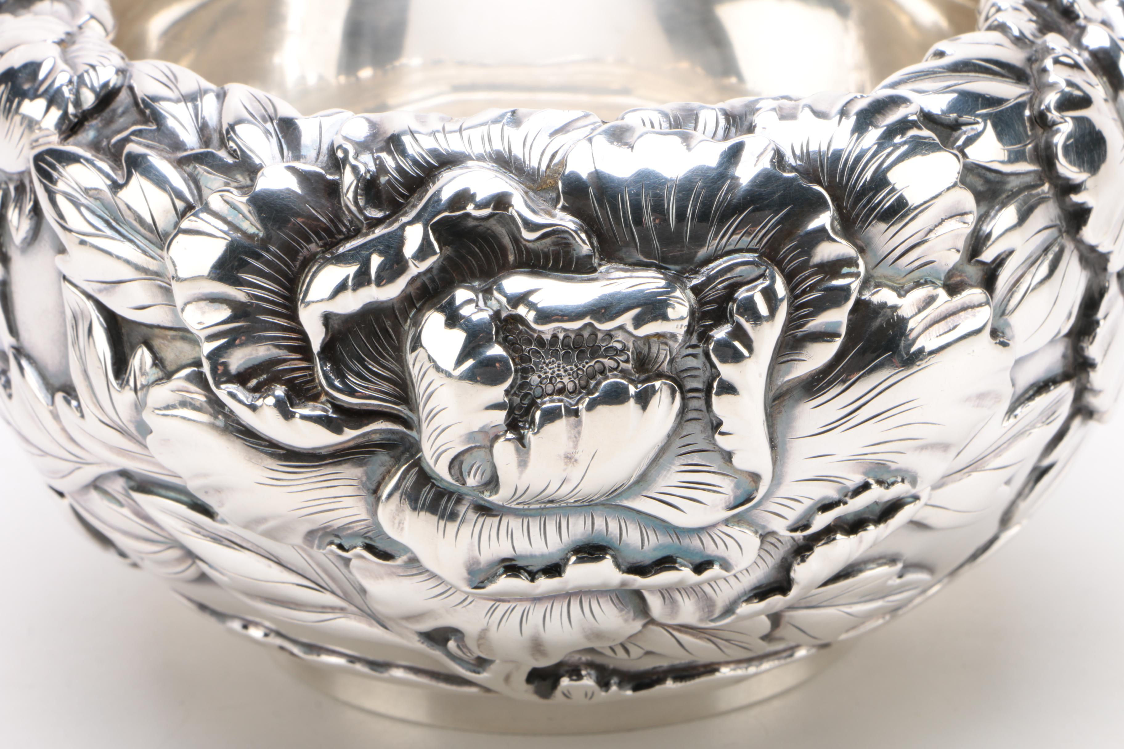 Japanese Silver Repousse Peony Bowl, Late 19th/Early 20th Century | EBTH