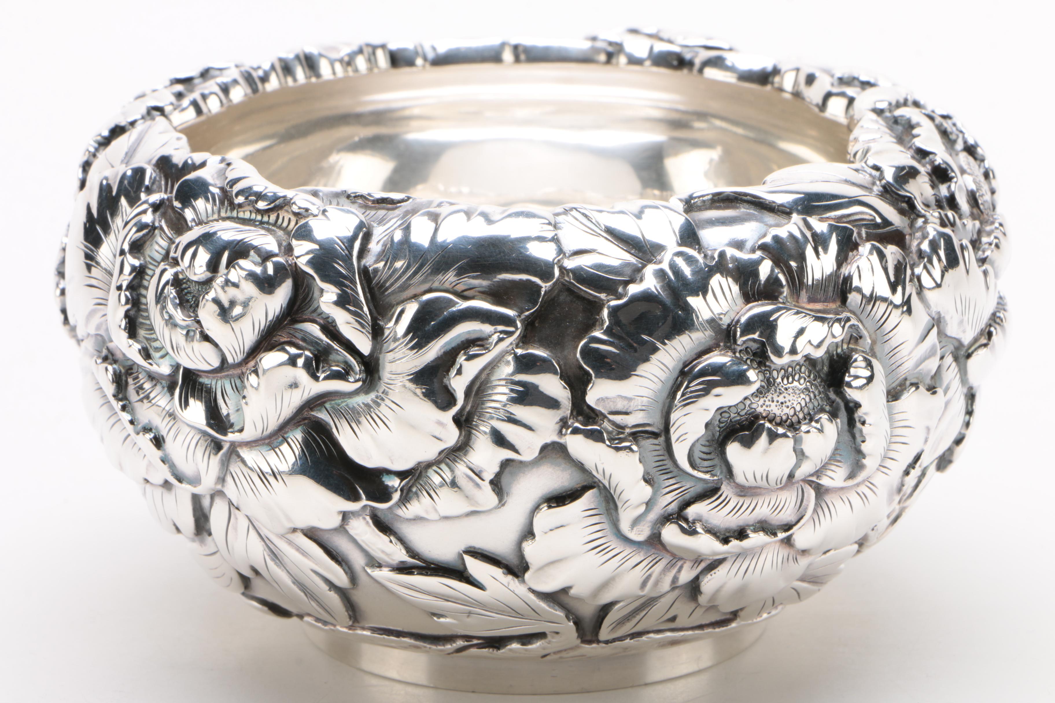Japanese Silver Repousse Peony Bowl, Late 19th/Early 20th Century | EBTH