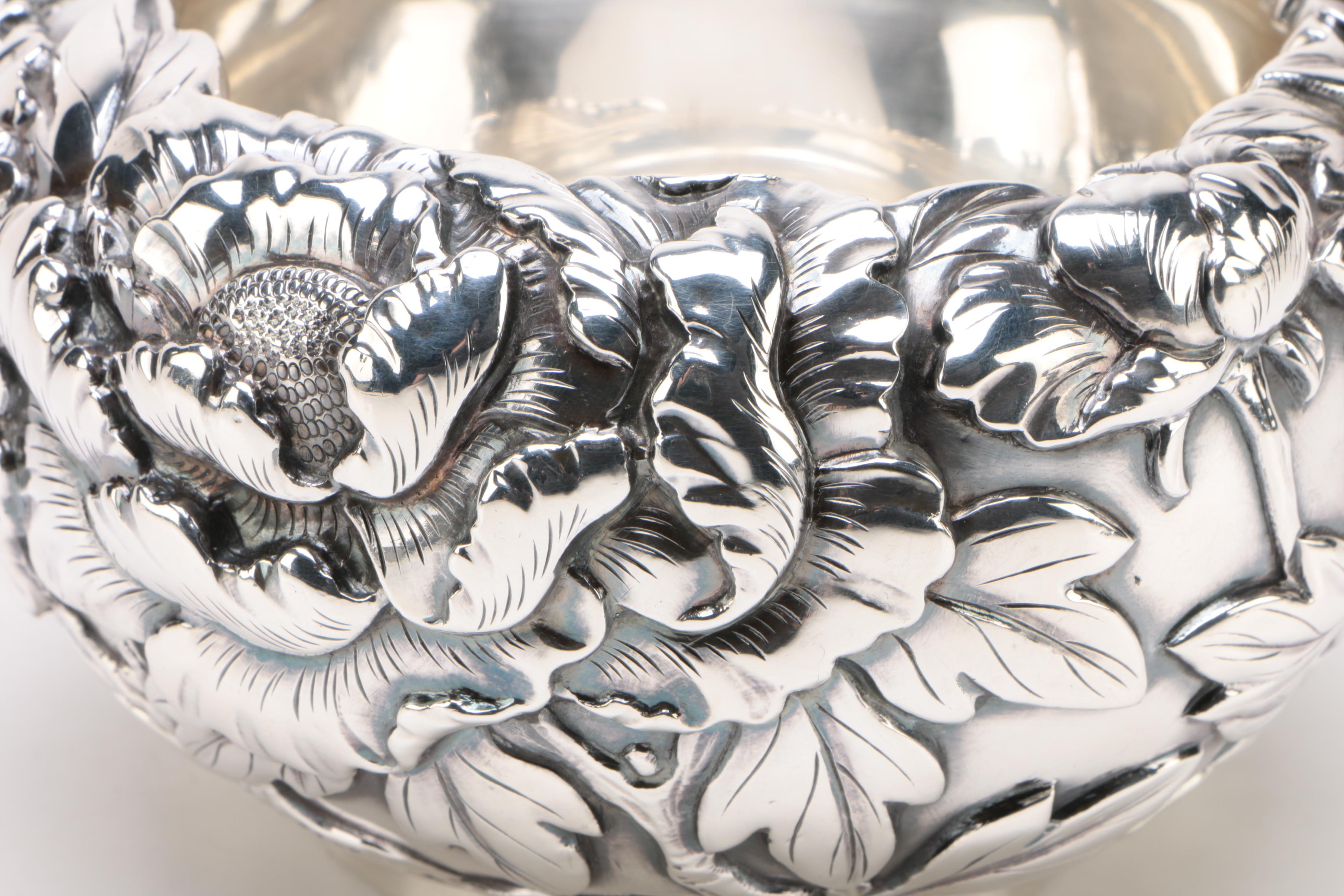 Japanese Silver Repousse Peony Bowl, Late 19th/Early 20th Century | EBTH