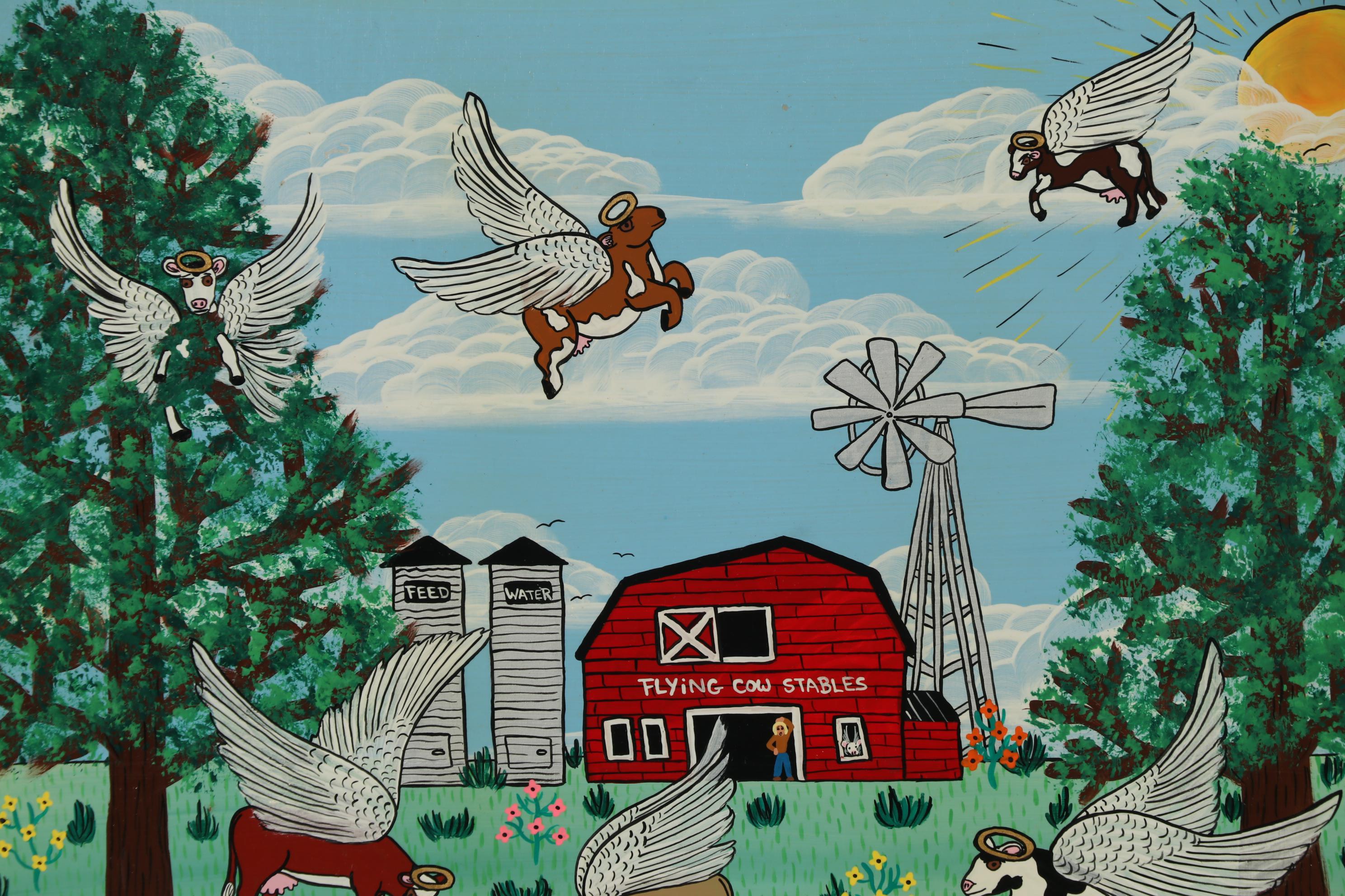 Michael Finster 1996 Folk Art Oil Painting "Flying Cow (Paradise)" | EBTH