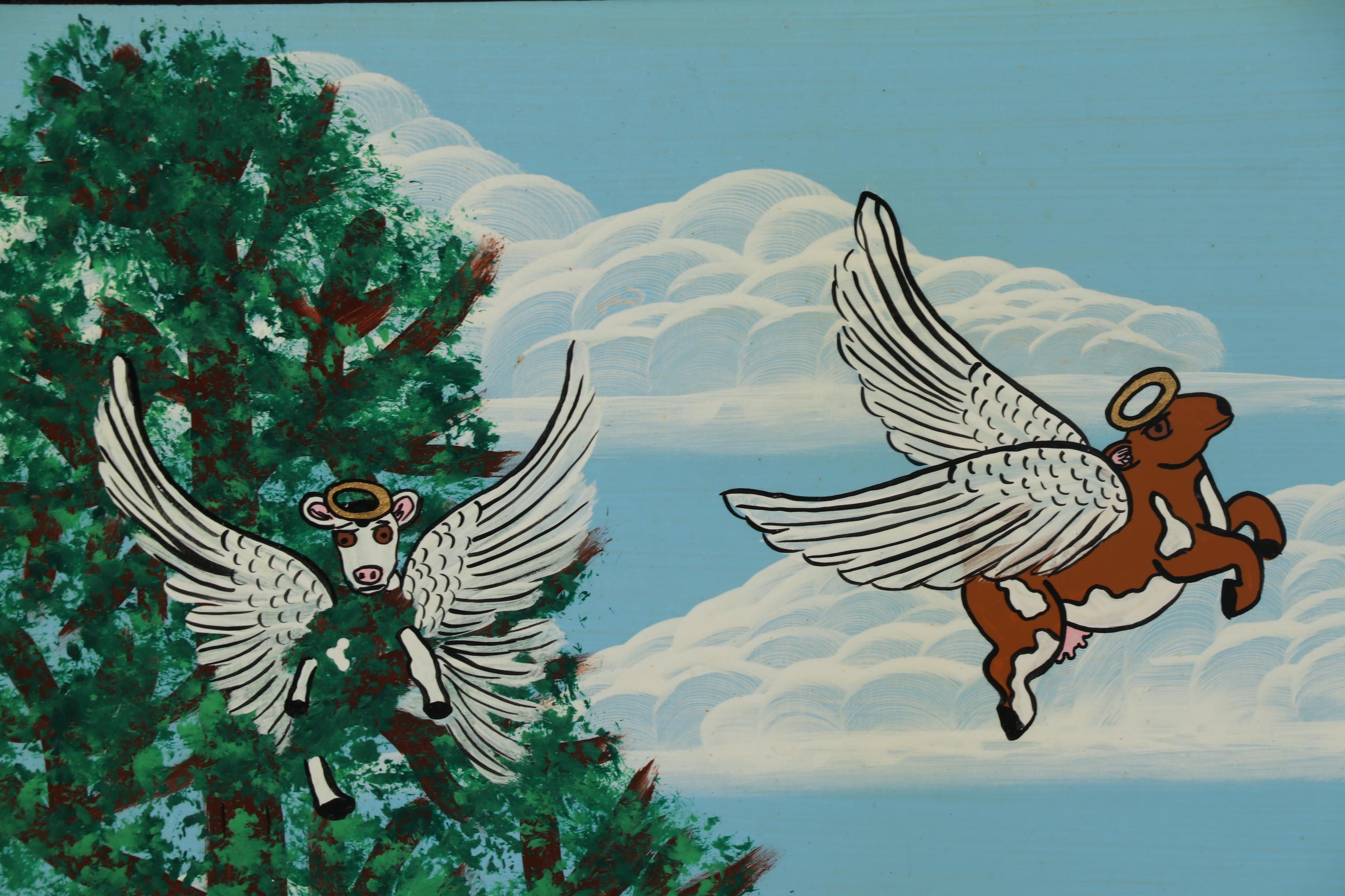Michael Finster 1996 Folk Art Oil Painting "Flying Cow (Paradise)" | EBTH