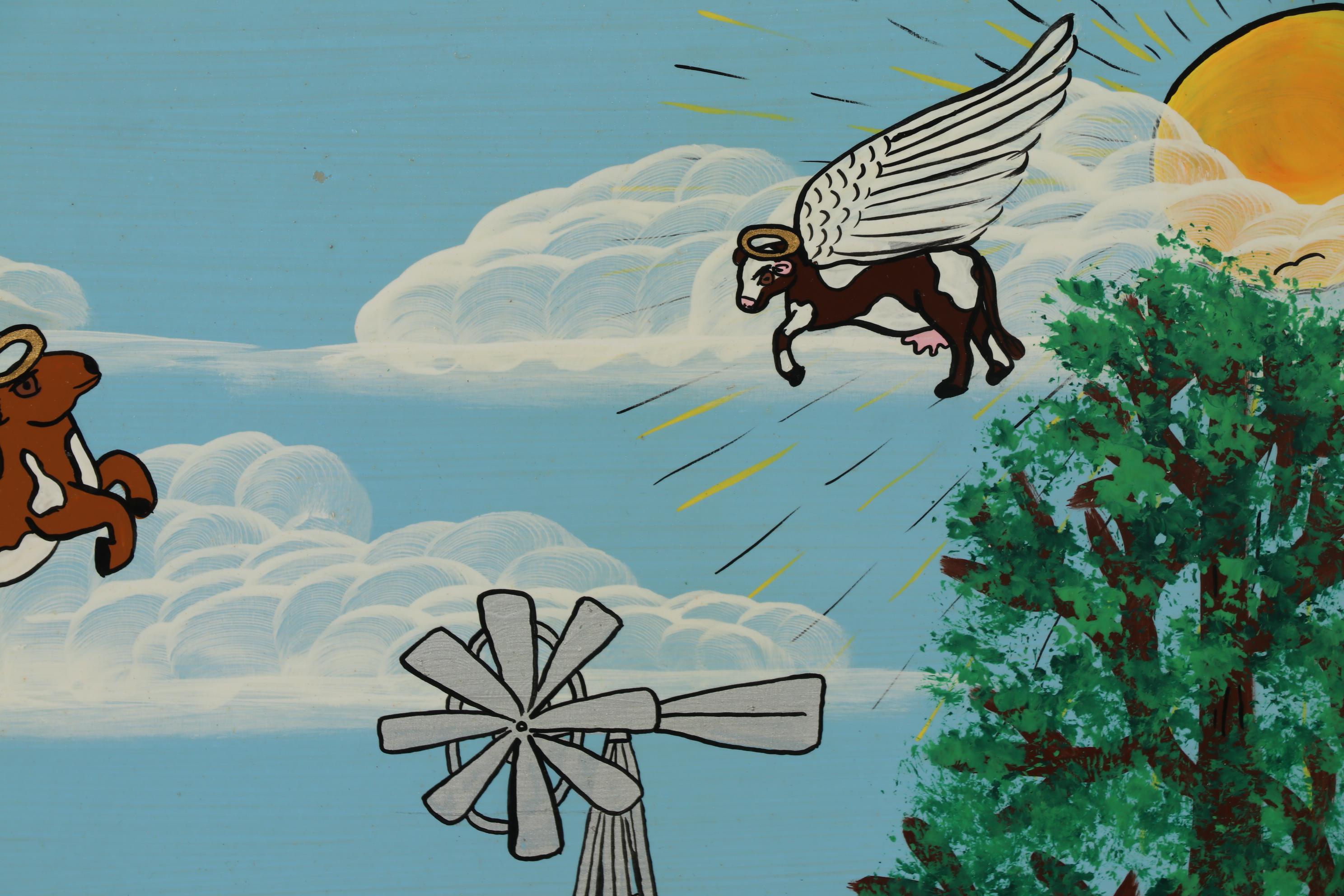 Michael Finster 1996 Folk Art Oil Painting "Flying Cow (Paradise)" | EBTH