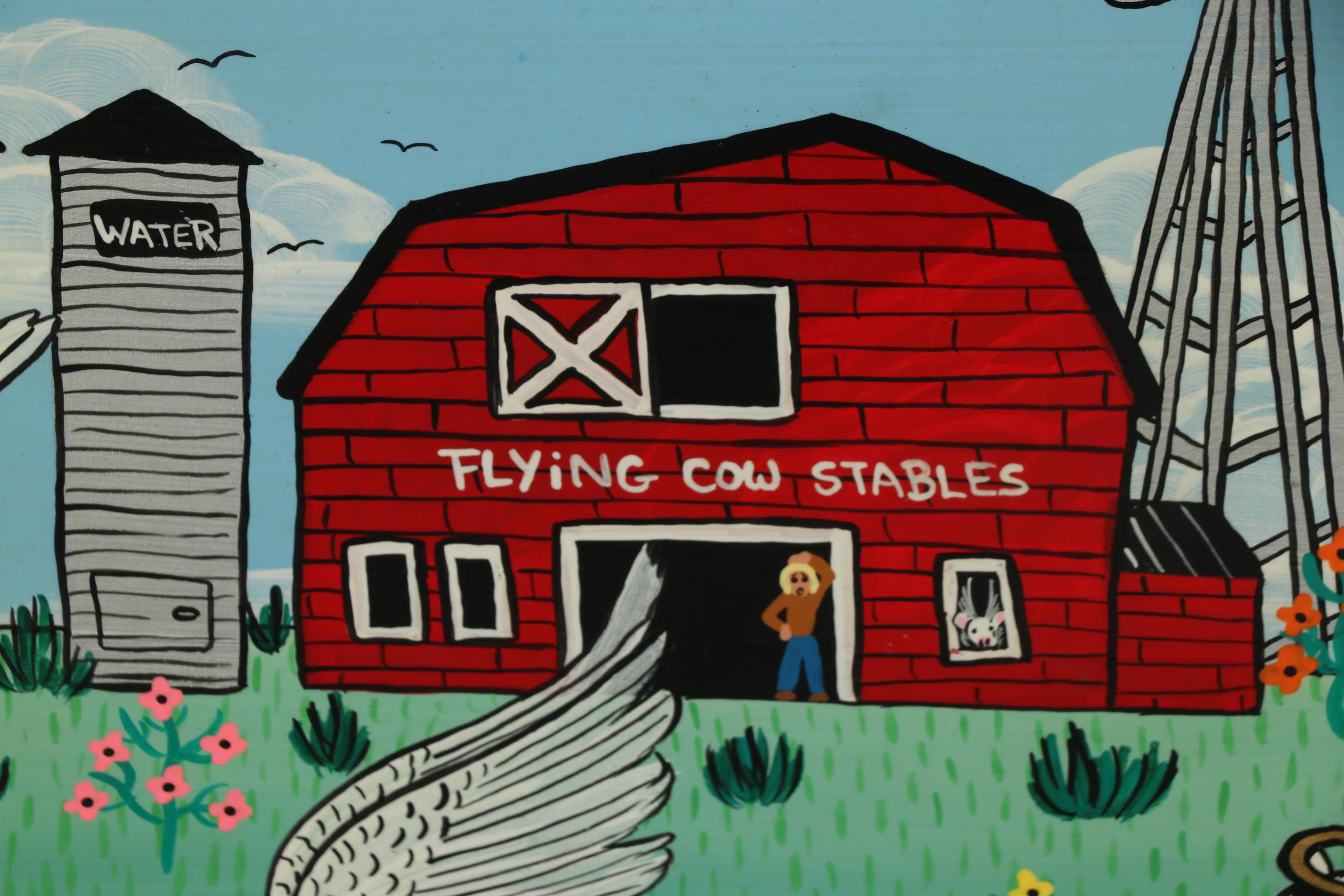 Michael Finster 1996 Folk Art Oil Painting "Flying Cow (Paradise)" | EBTH