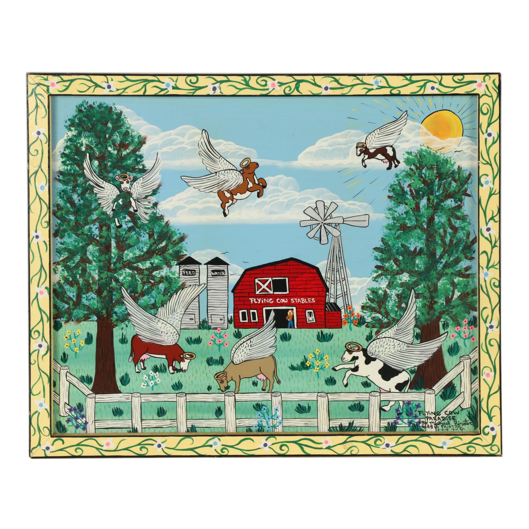 Michael Finster 1996 Folk Art Oil Painting "Flying Cow (Paradise)" | EBTH
