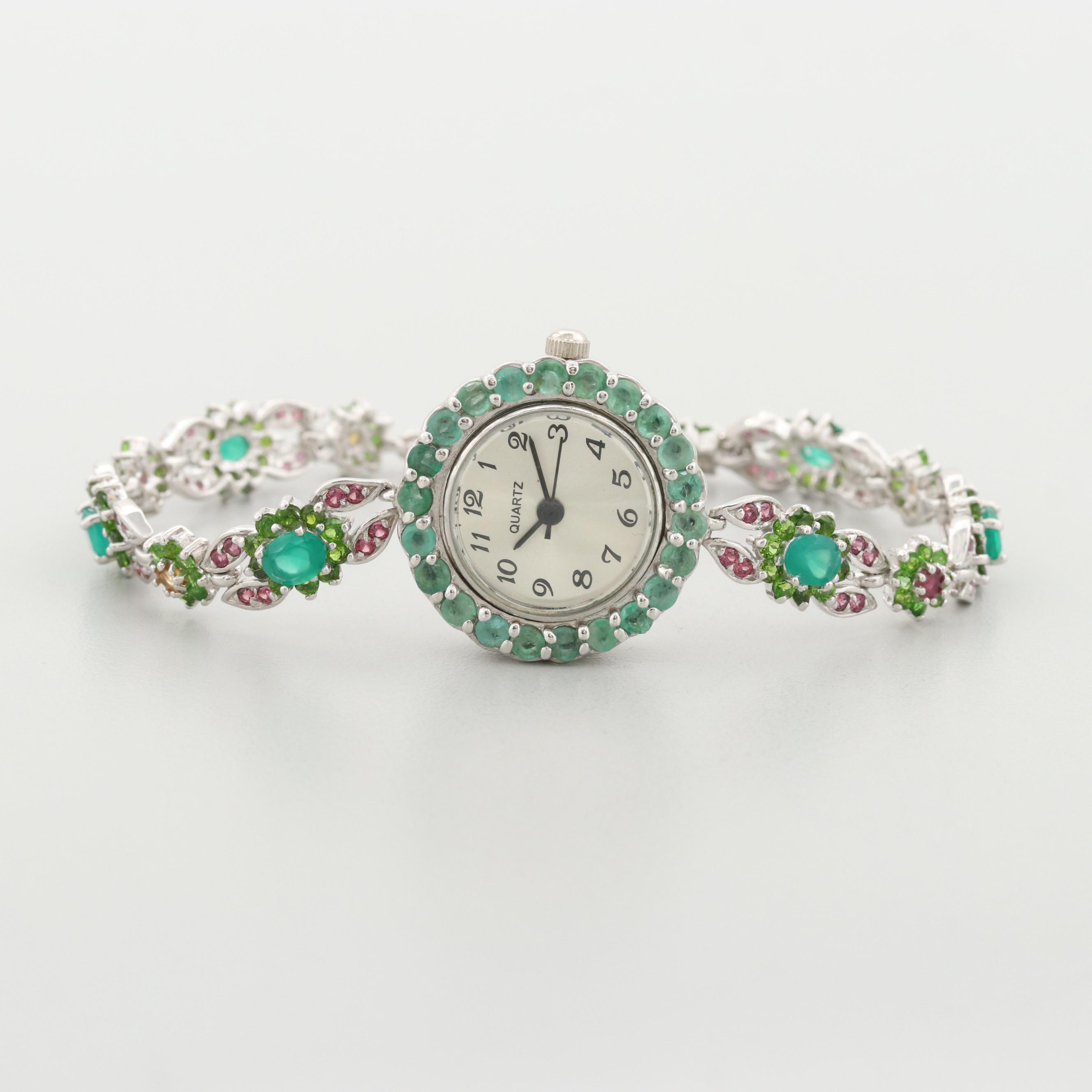 Sterling Silver Emerald and Gemstone Quartz Wristwatch | EBTH