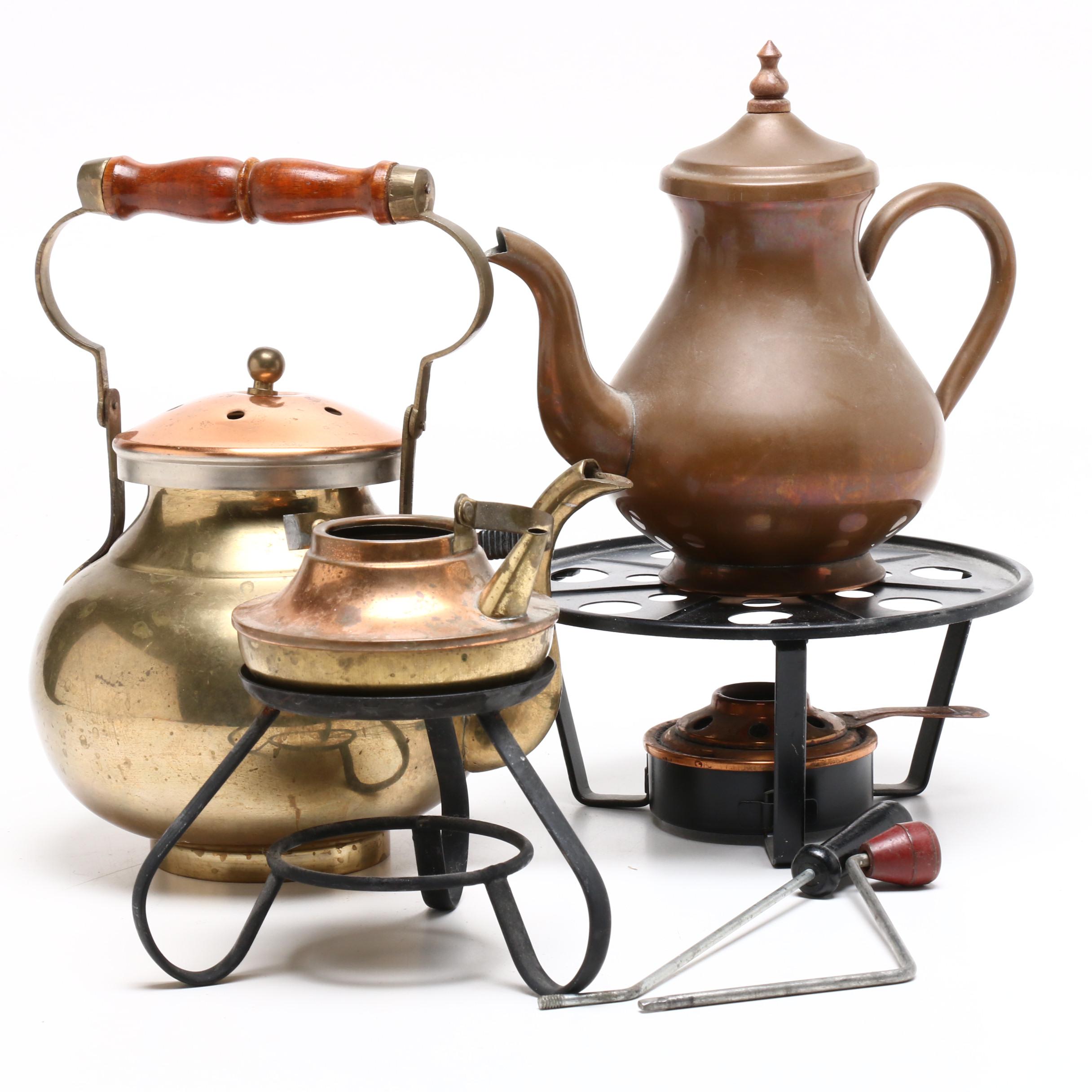 Old Dutch and Other Copper Pots with Chafing Dishes, Mid to Late 20th ...