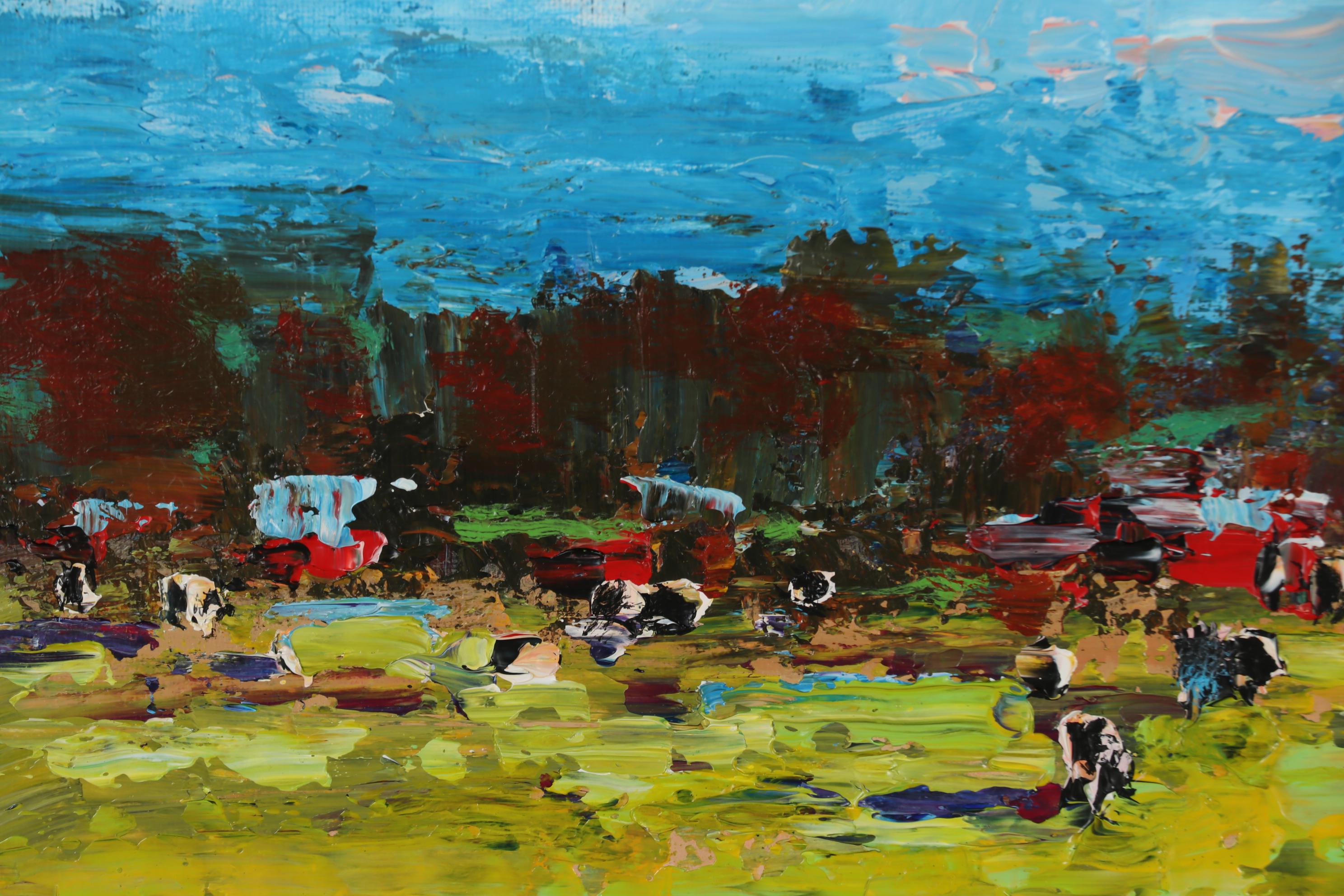 Sam Raines Farm Landscape with Cows Acrylic Painting | EBTH