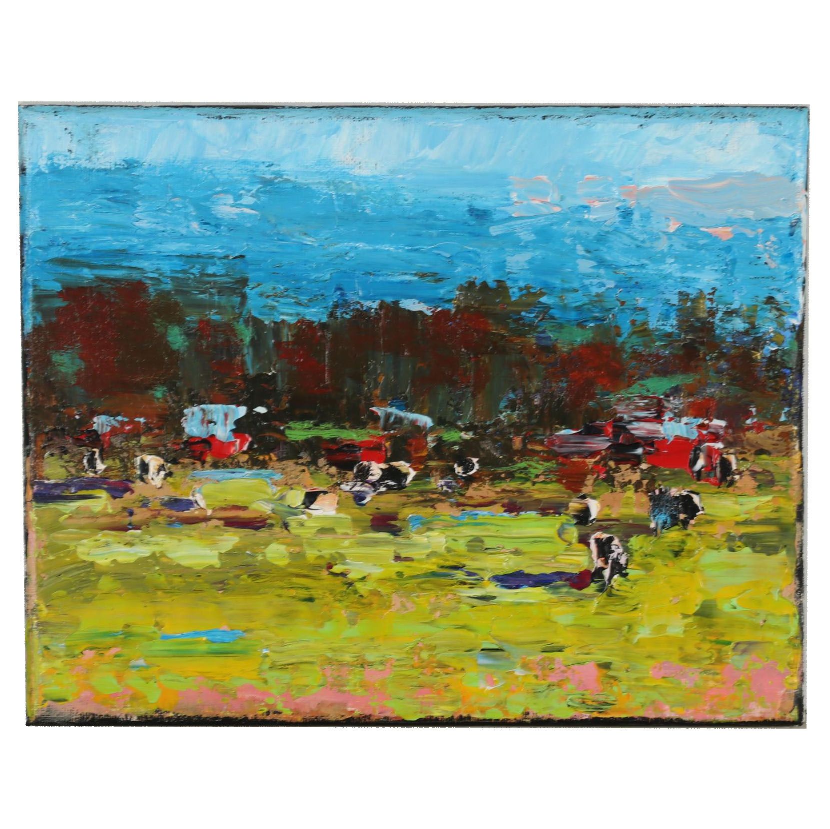 Sam Raines Farm Landscape with Cows Acrylic Painting | EBTH