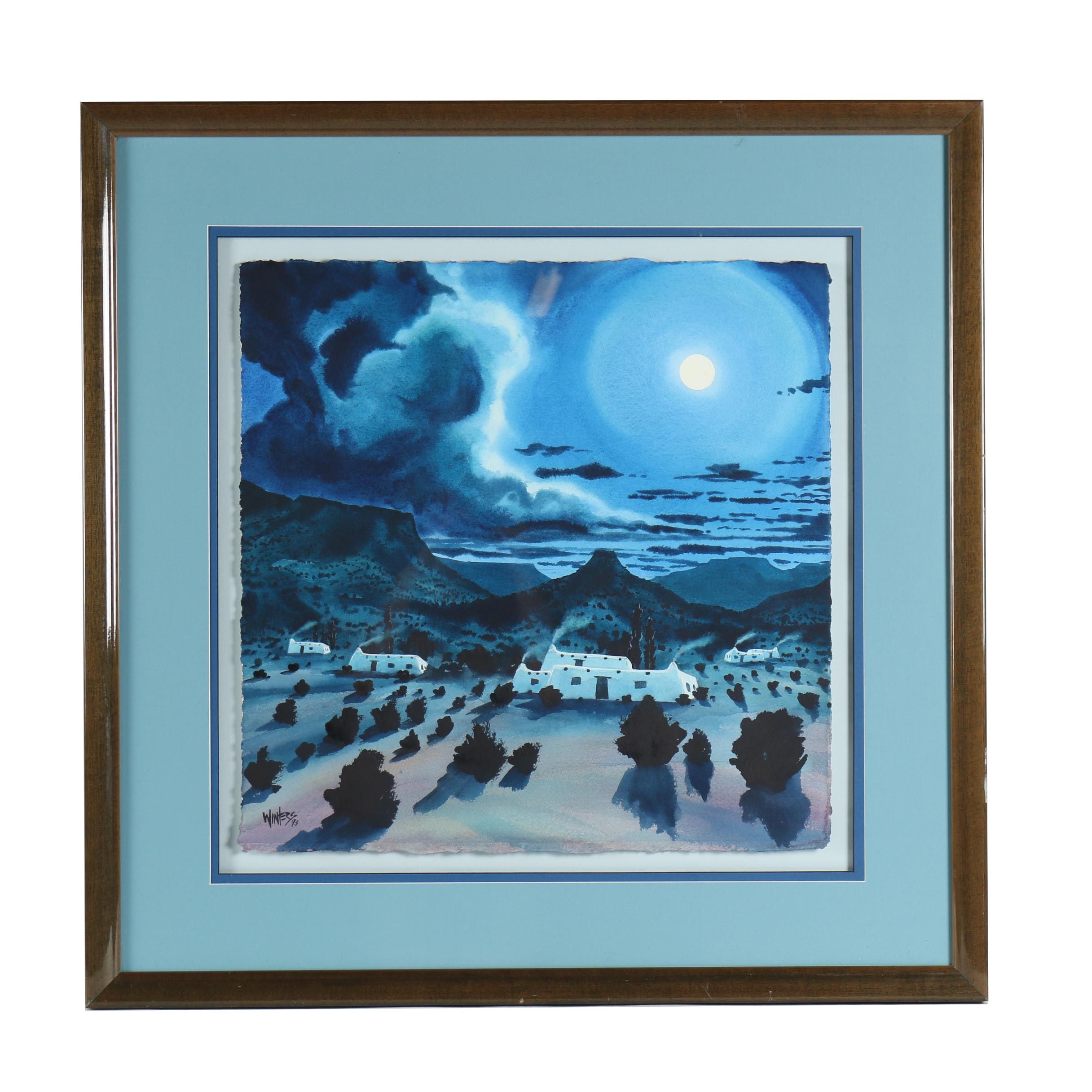Todd Winters Watercolor Painting "Moonlight with Pueblos" | EBTH
