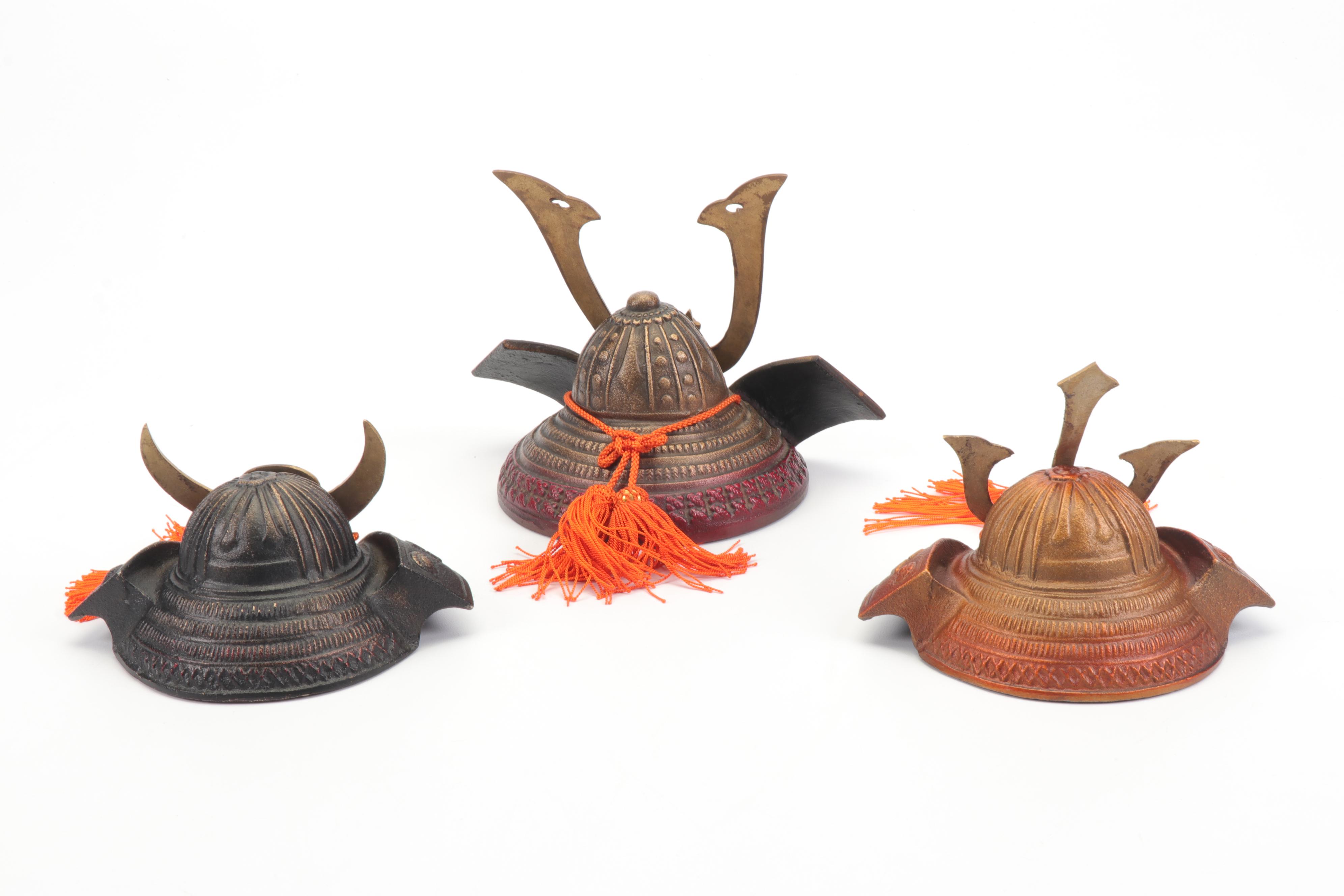 Cast-Iron and Brass Japanese Samurai Kabuto Replica Helmet Figurines | EBTH