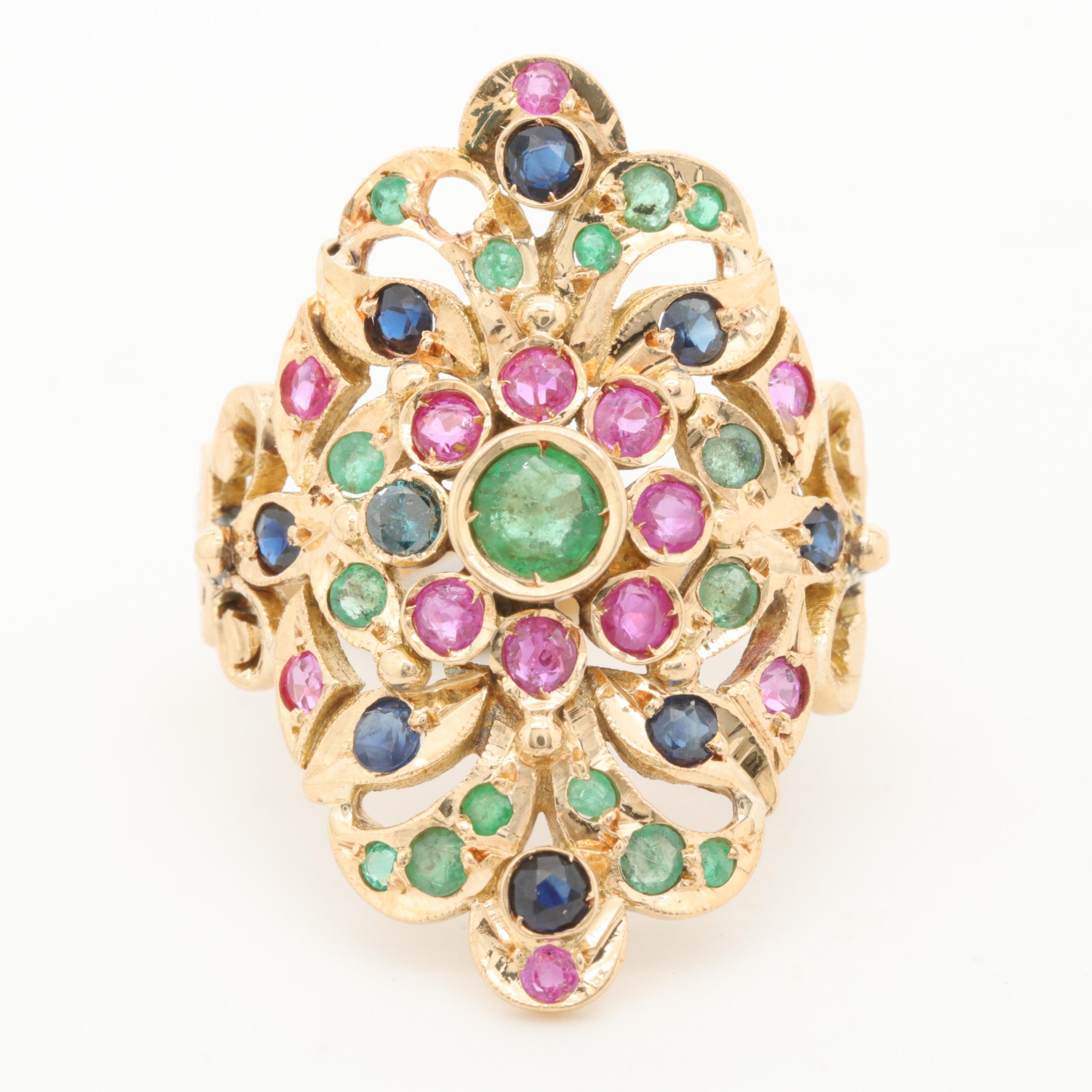 14K Yellow Gold Emerald, Ruby, Sapphire and Diamond Ring | EBTH