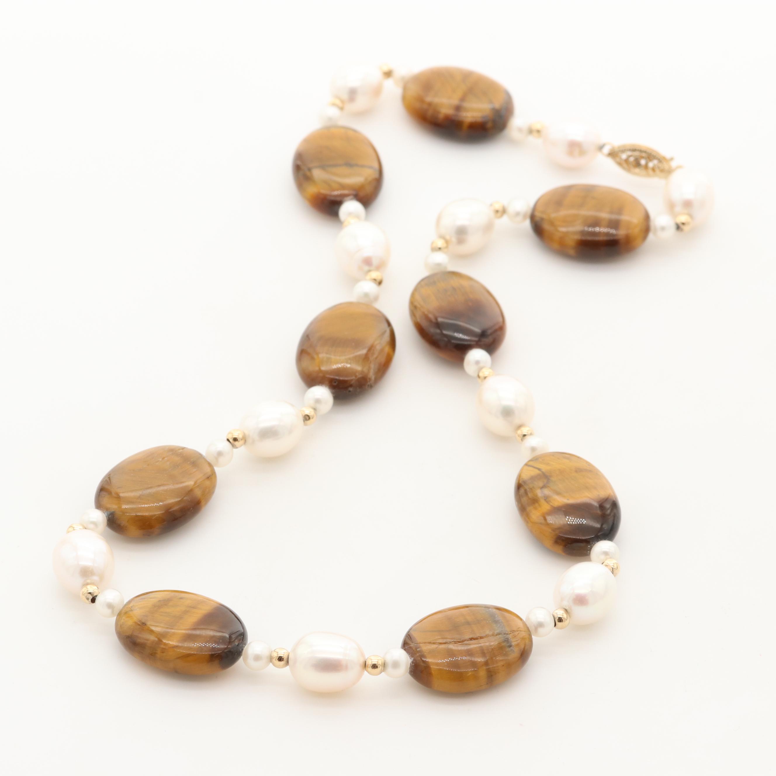 14K Yellow Gold Tiger's Eye and Cultured Pearl Necklace | EBTH
