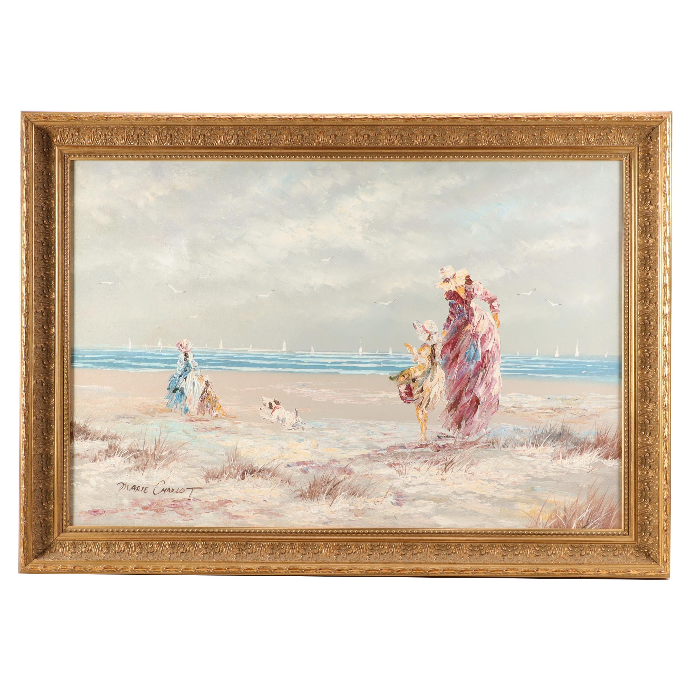 Marie Charlot Oil Painting of Woman and Children at Beach | EBTH