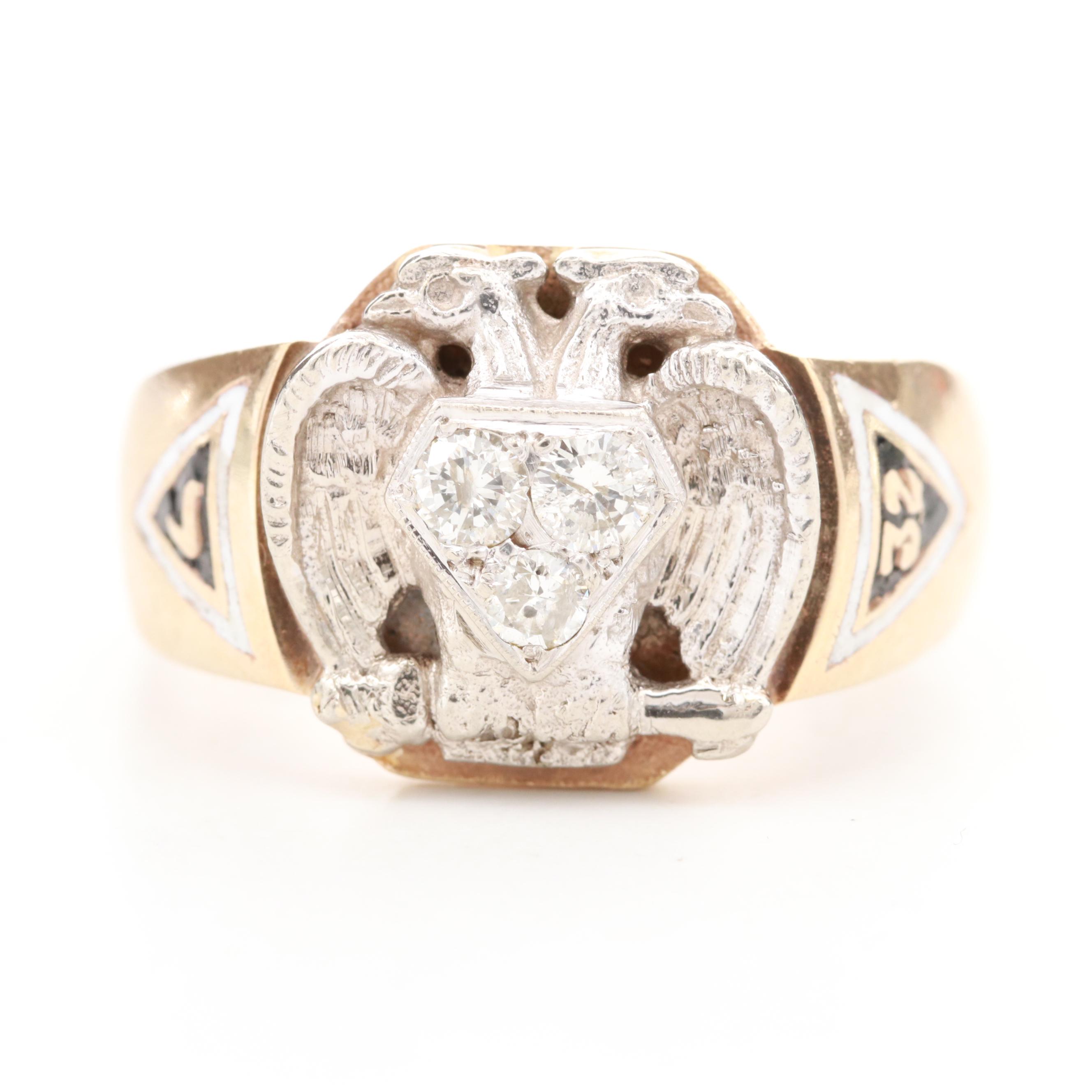 10K Yellow Gold Diamond Masonic Double Headed Eagle Ring | EBTH