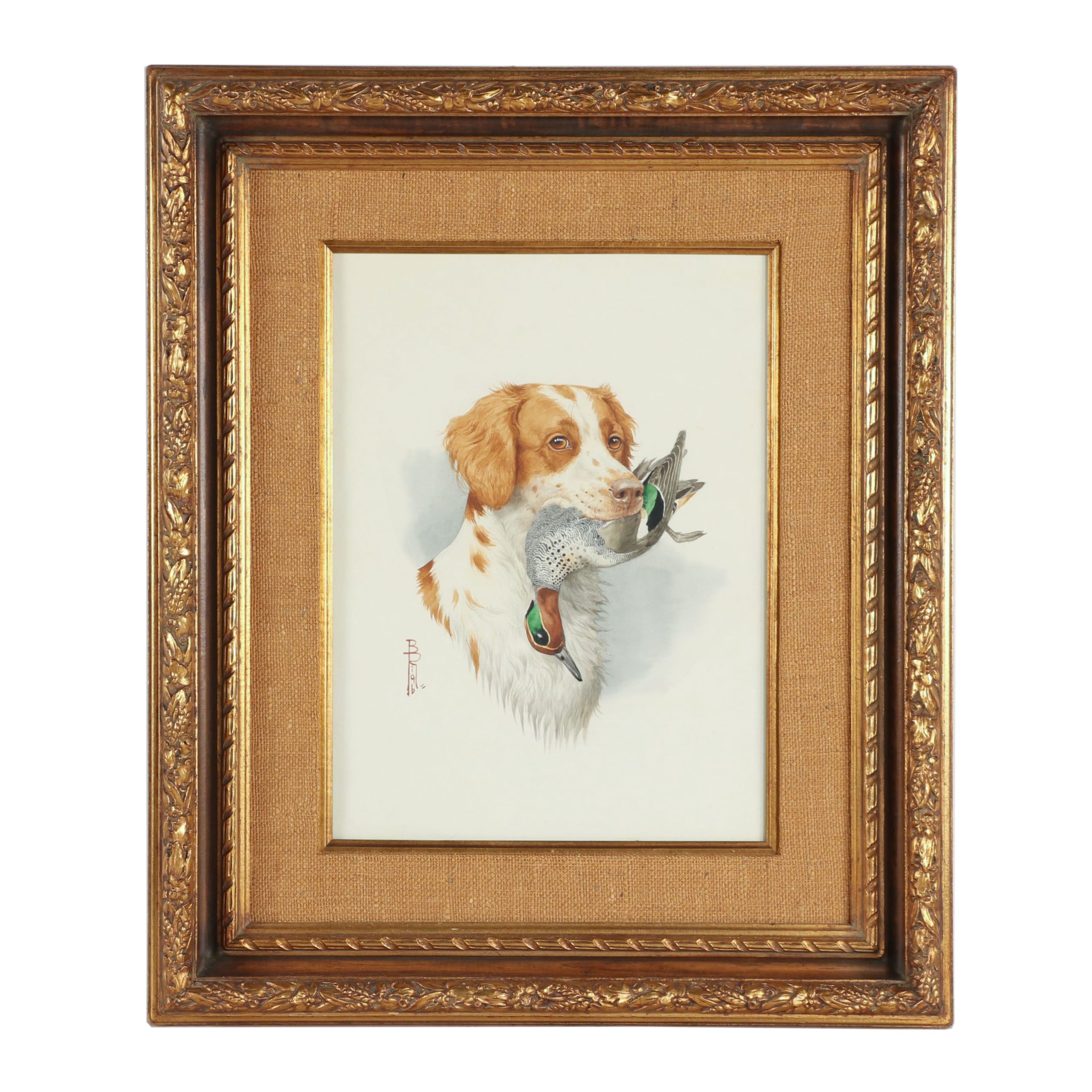Boris Riab Watercolor Painting of Dog with Bird | EBTH