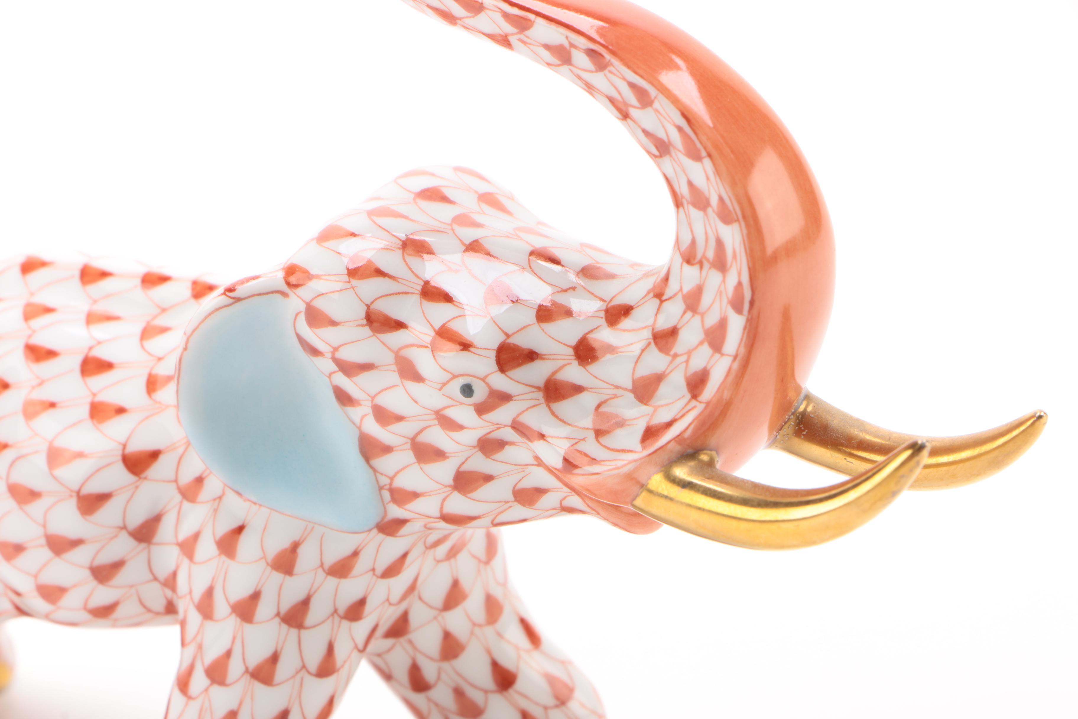 Herend Red Fishnet with Gold "Elephant with Tusks" Porcelain Figurine ...