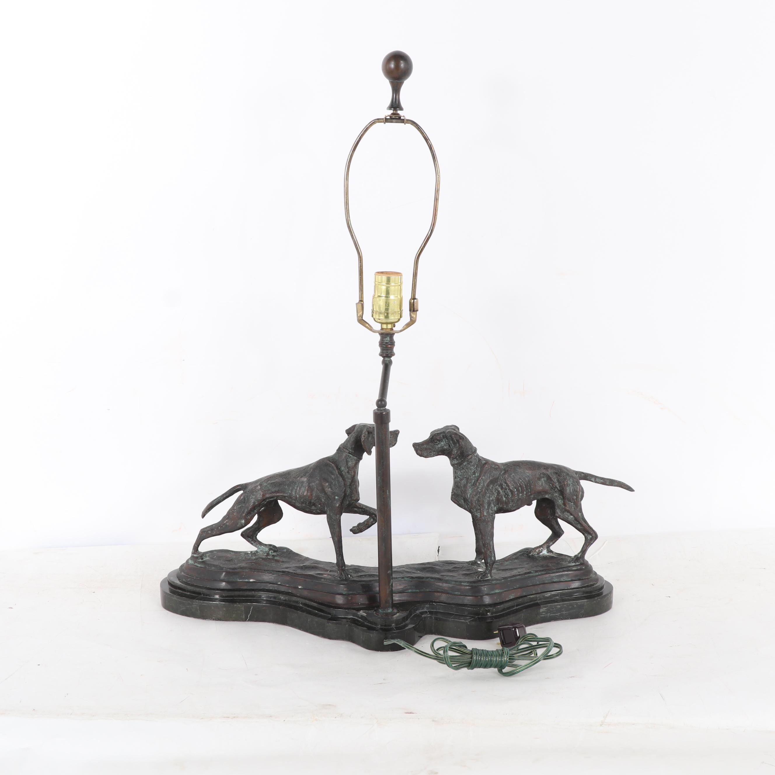 Maitland Smith Bronze Pointer Dogs Lamp with Leather Shade | EBTH