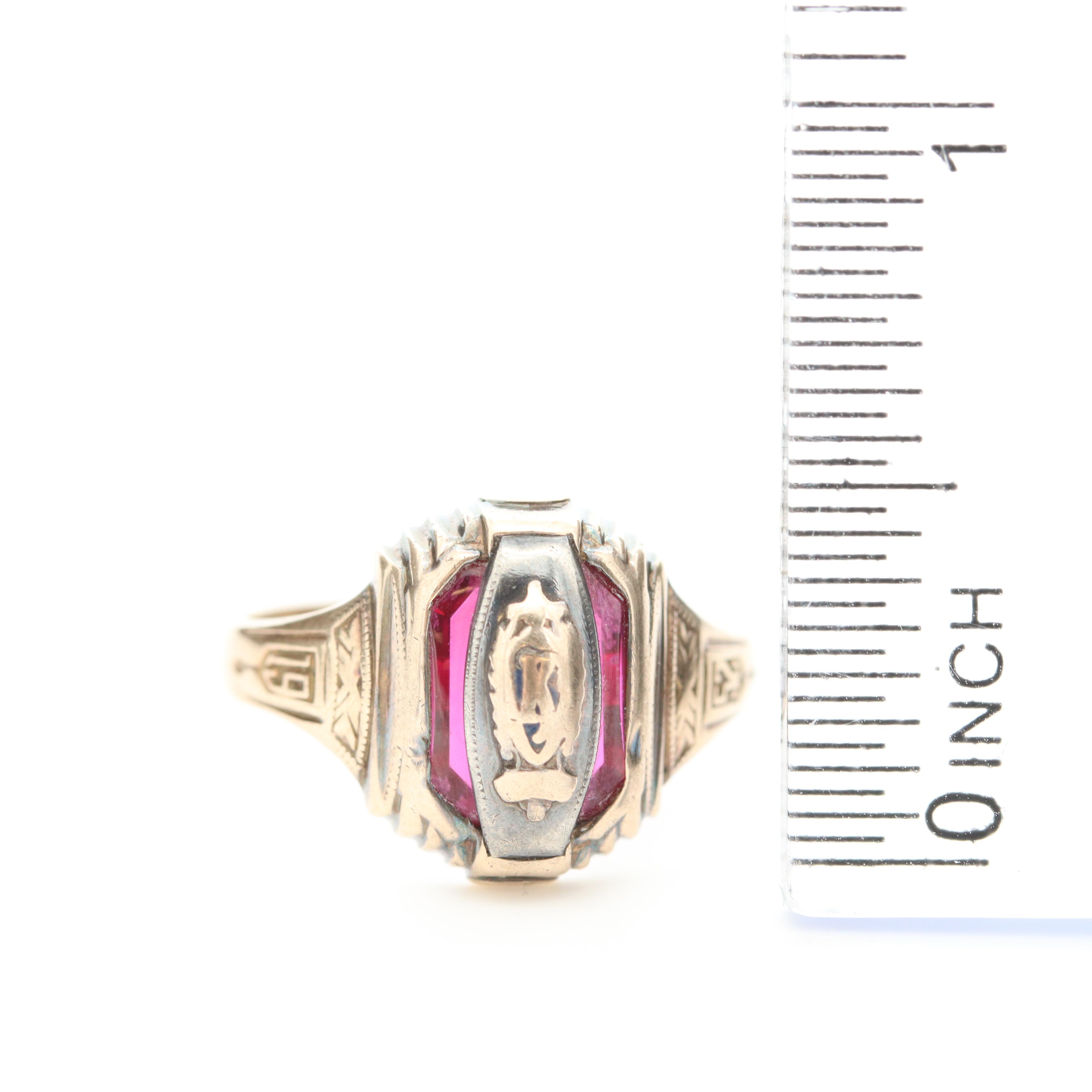 10K Yellow Gold Ruby and Enamel Class Ring and Service Pendant | EBTH