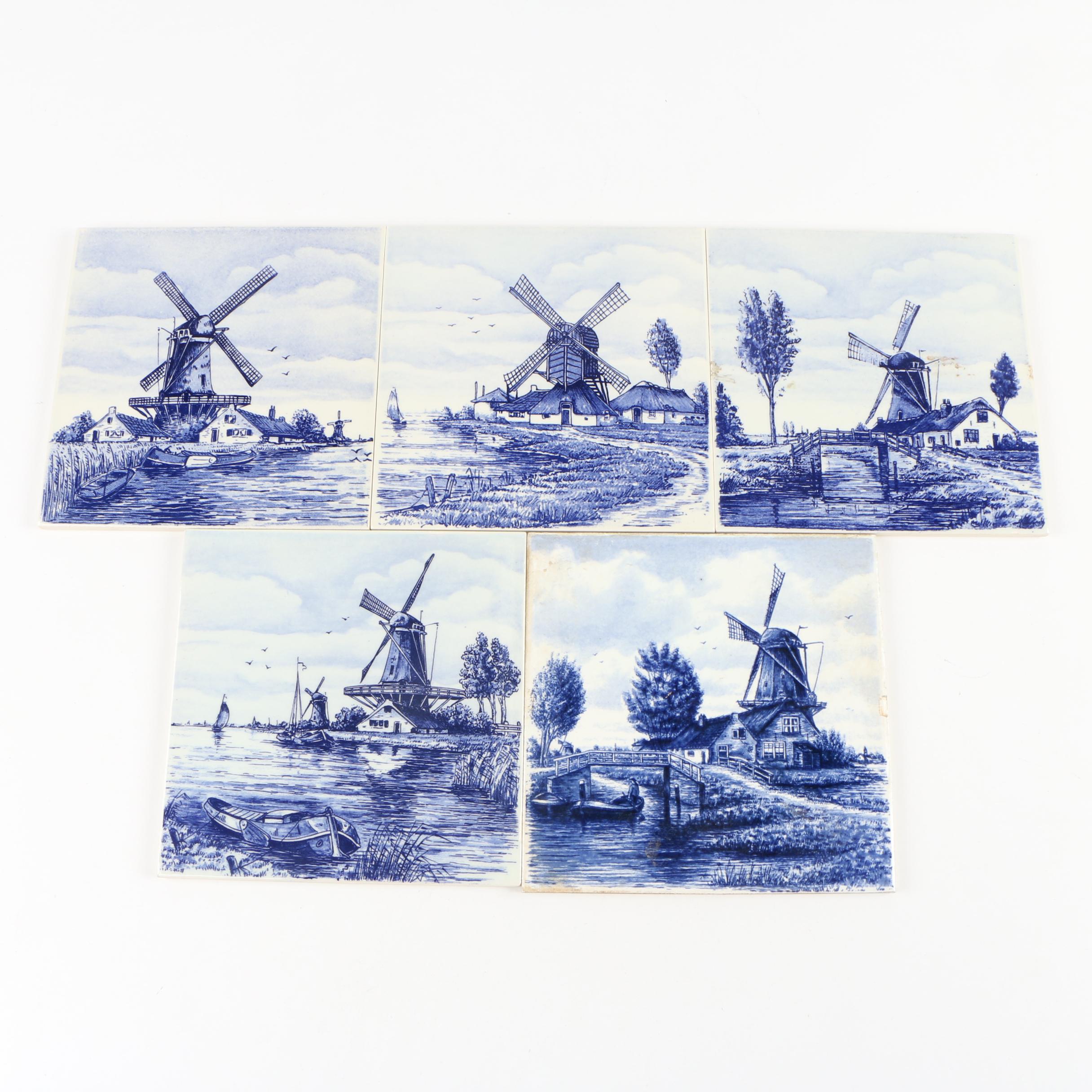 Dutch Hand-Painted Delft Blue Windmill Scenes Ceramic Wall Tiles | EBTH