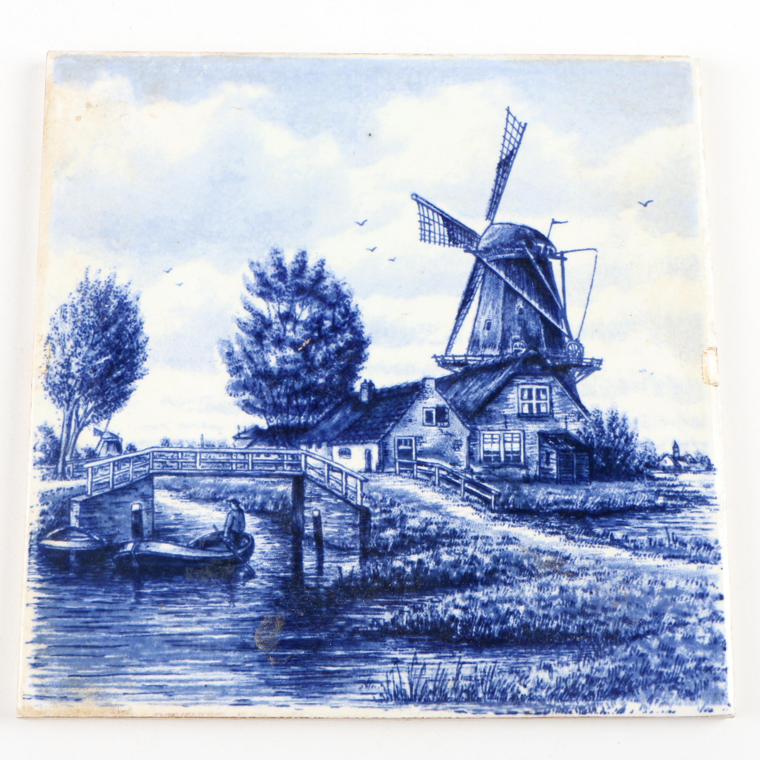 Dutch Hand-Painted Delft Blue Windmill Scenes Ceramic Wall Tiles | EBTH