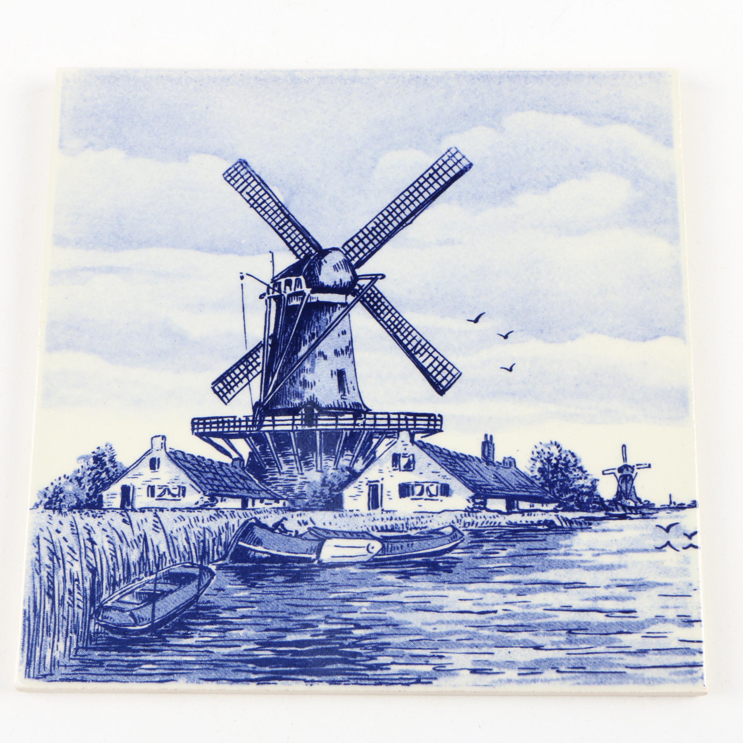 Dutch Hand-Painted Delft Blue Windmill Scenes Ceramic Wall Tiles | EBTH