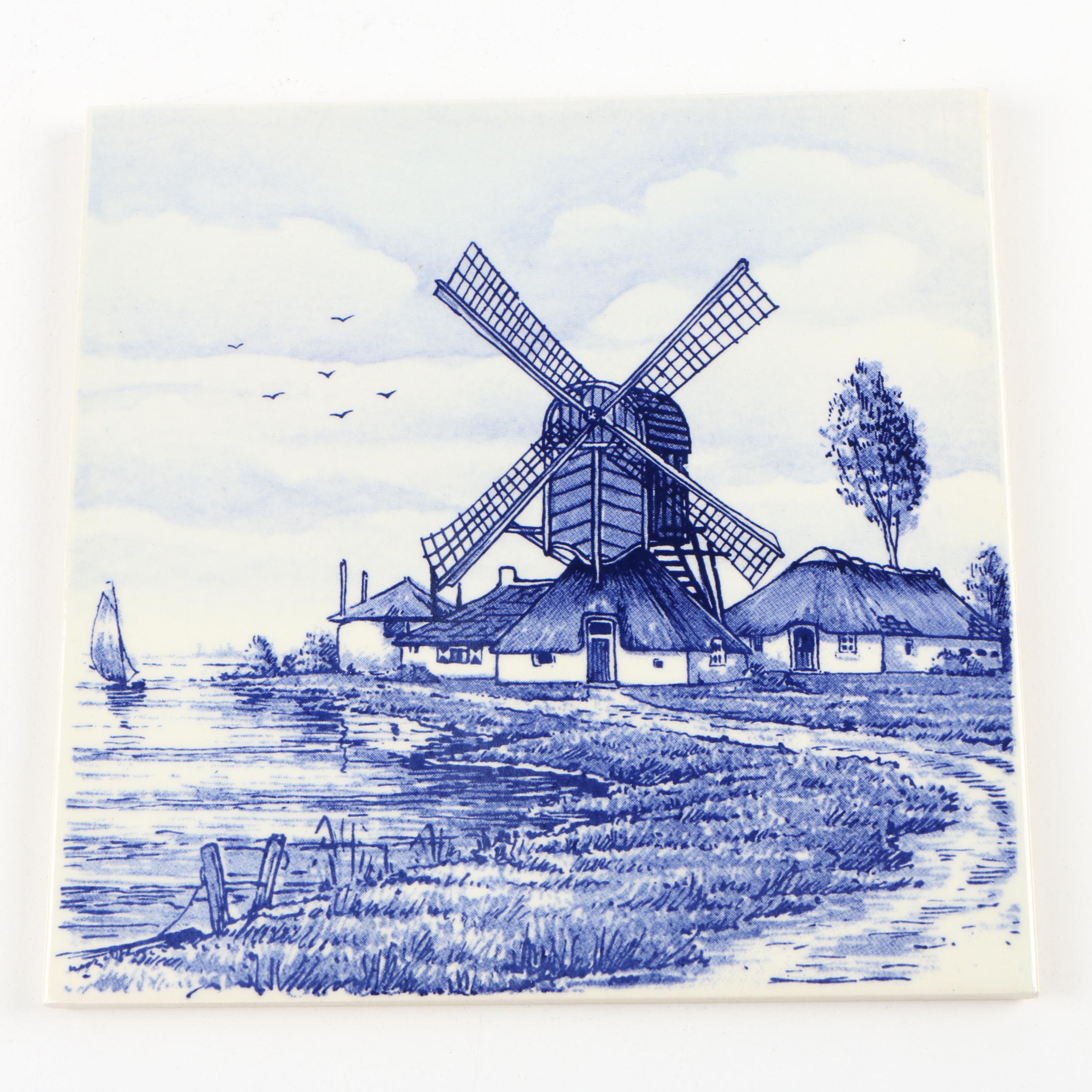 Dutch Hand-Painted Delft Blue Windmill Scenes Ceramic Wall Tiles | EBTH
