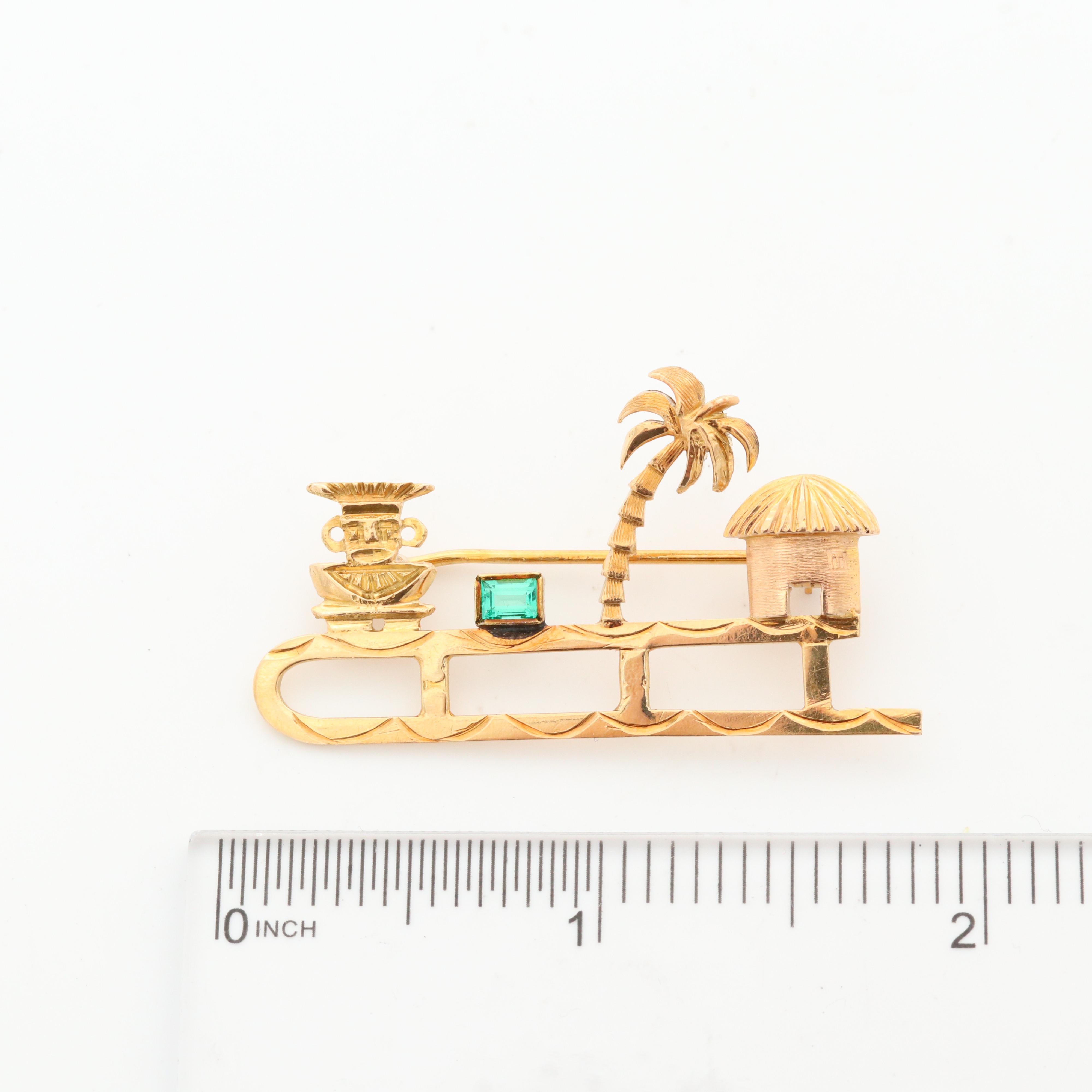 Vintage 18K Yellow Gold Emerald Tiki Themed Brooch | EBTH