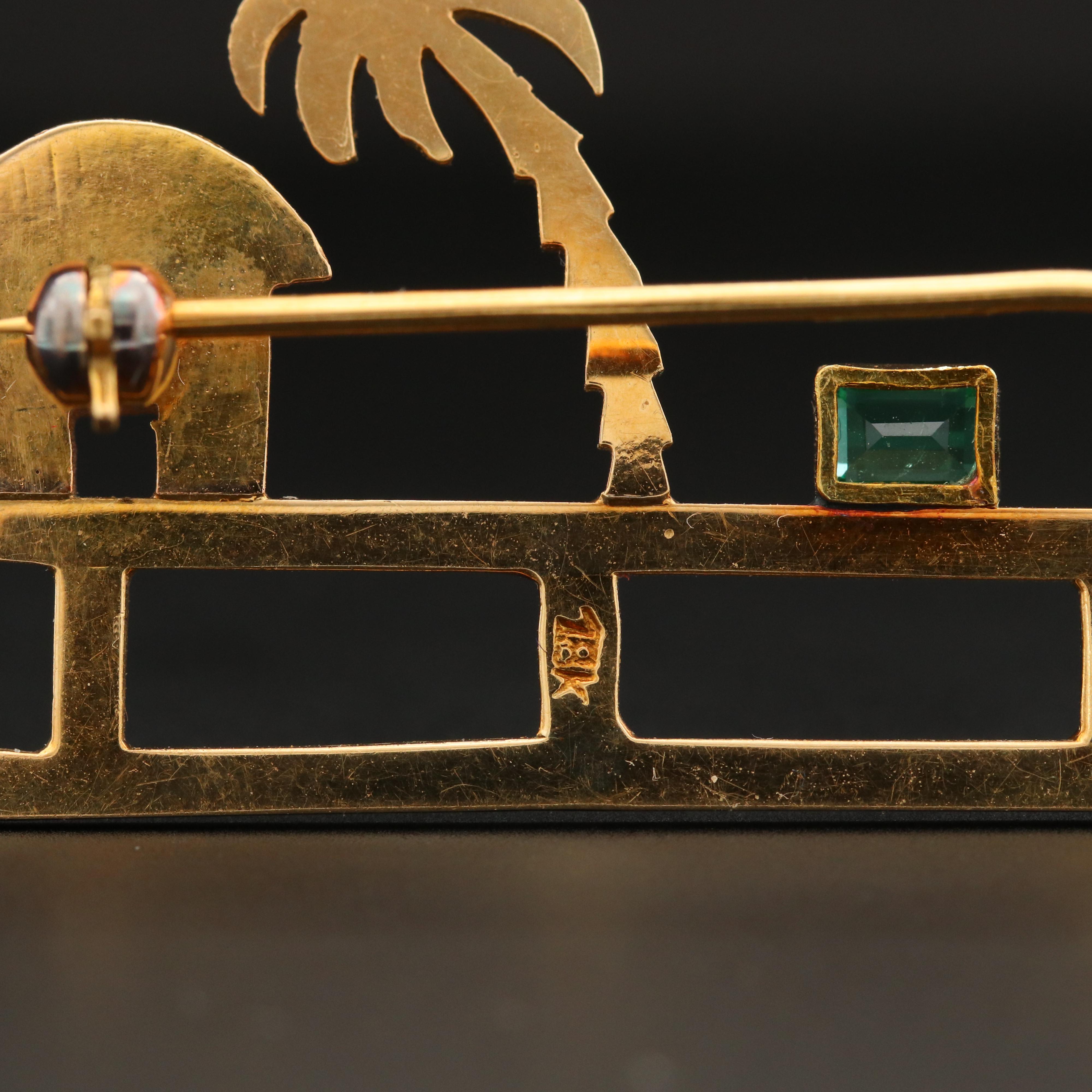 Vintage 18K Yellow Gold Emerald Tiki Themed Brooch | EBTH