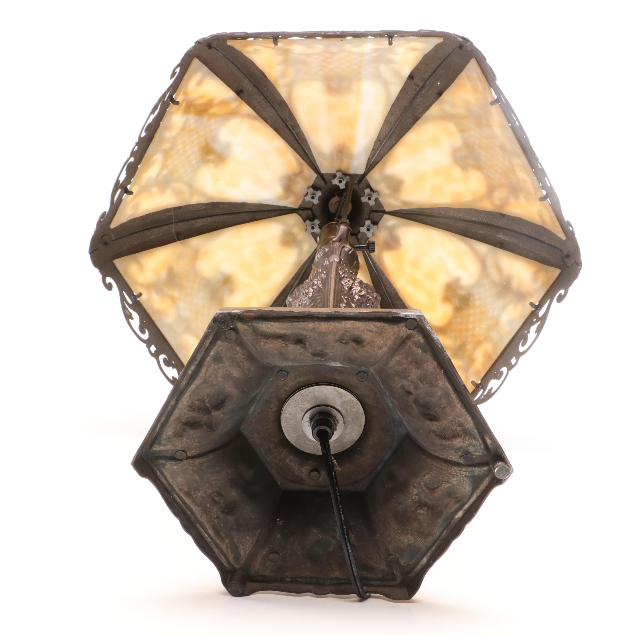 Pittsburgh Style Brass and Slag Glass Panel Table Lamp | EBTH