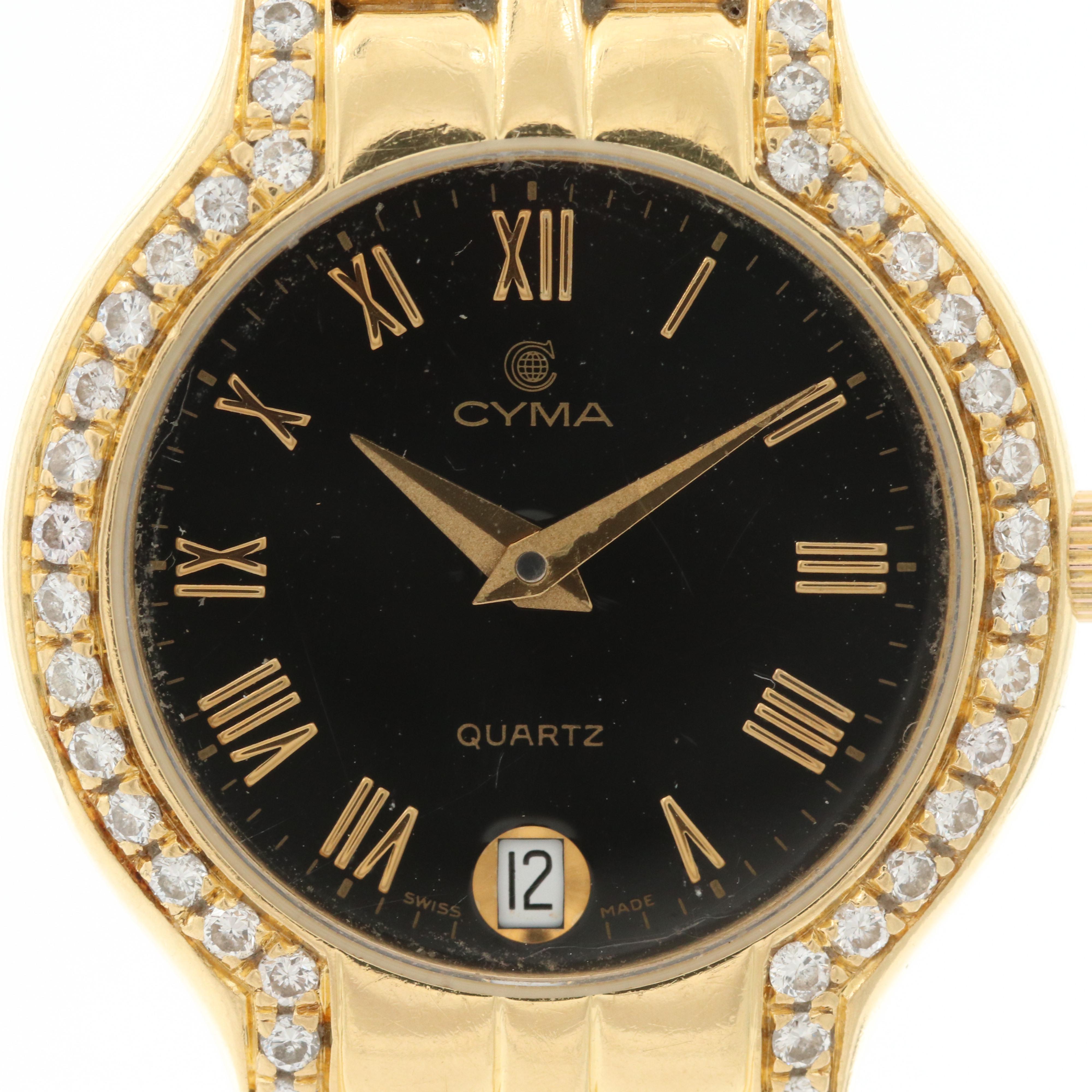 Cyma 18K Gold and Diamond Black Dial Wristwatch With Date | EBTH