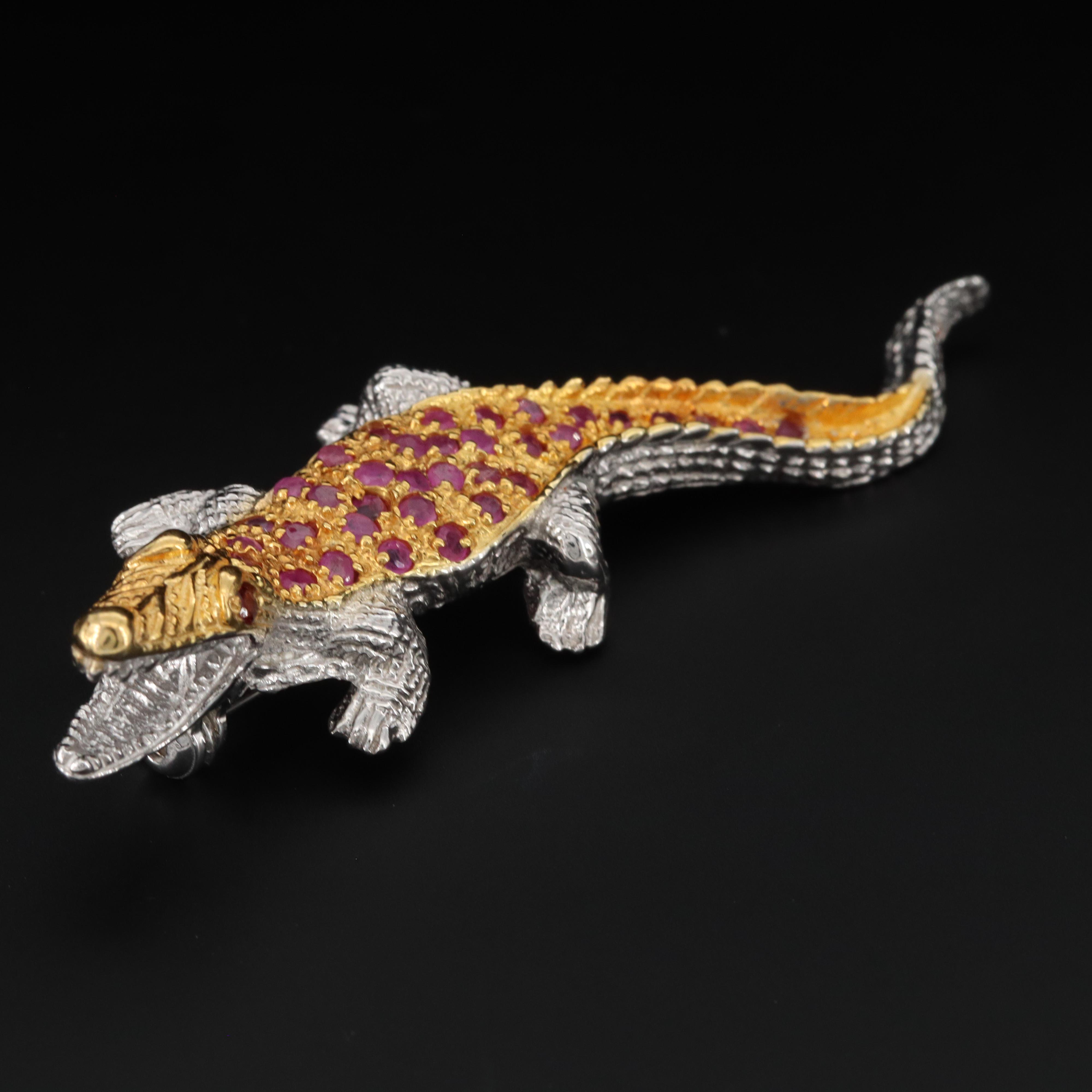 Sterling Silver Garnet and Ruby Alligator Brooch | EBTH