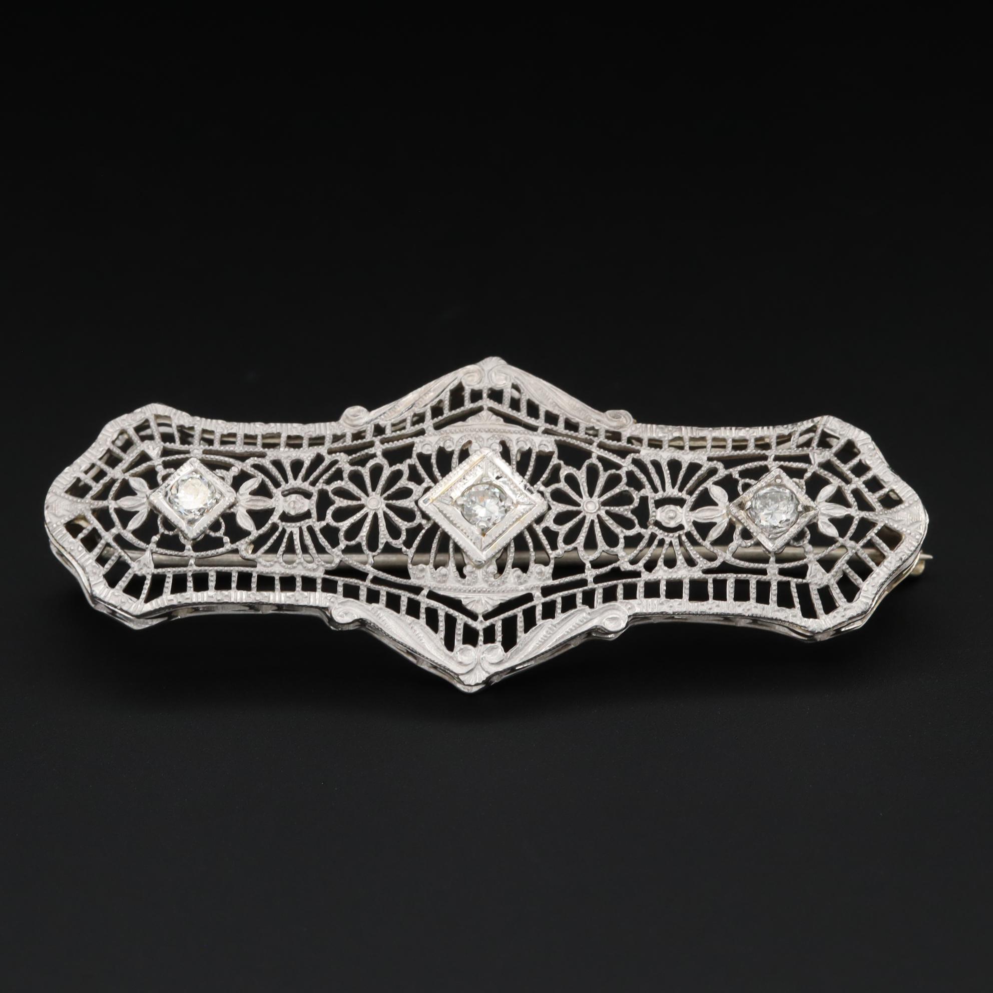 Circa 1920 14K White Gold Diamond Filigree Brooch | EBTH
